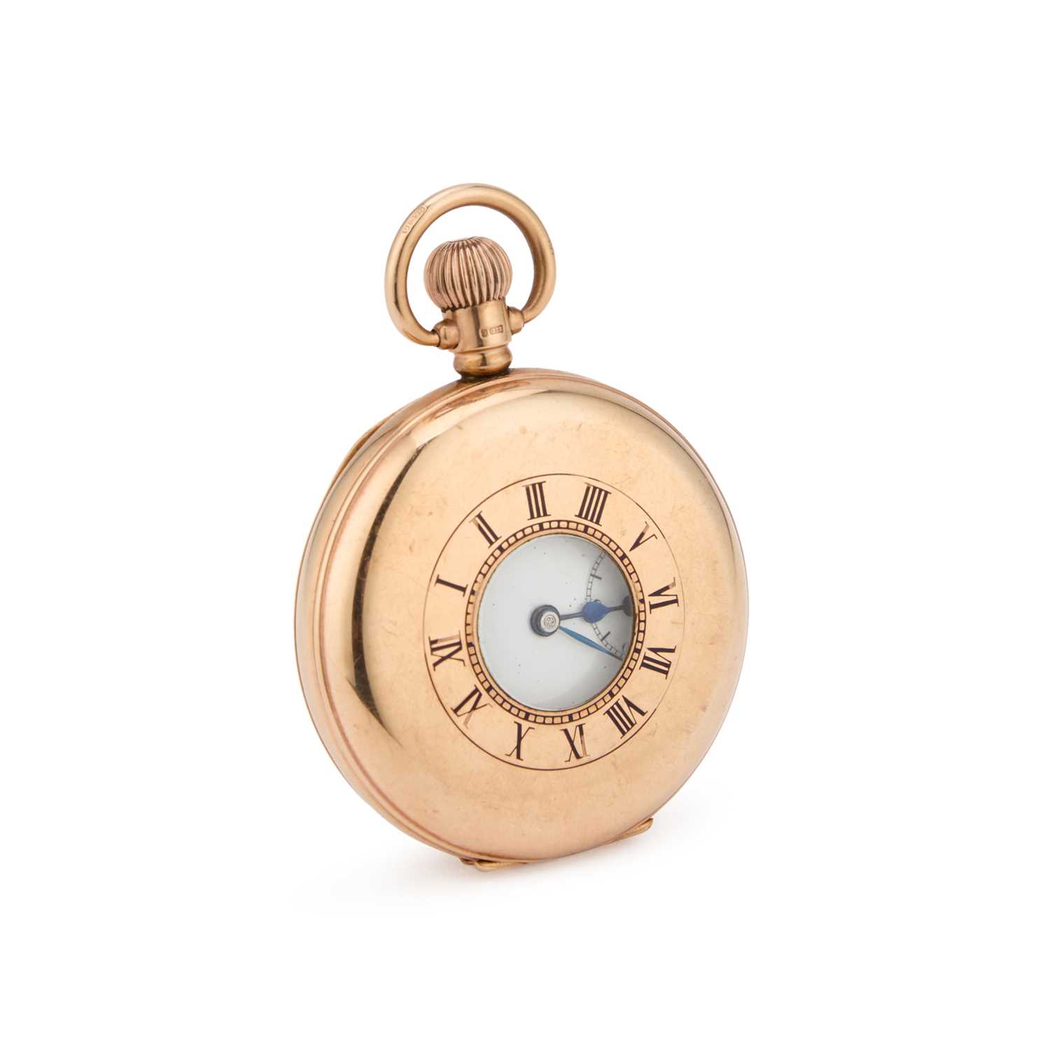 A 9CT GOLD HALF HUNTER POCKET WATCH the circular white enamel unsigned ...