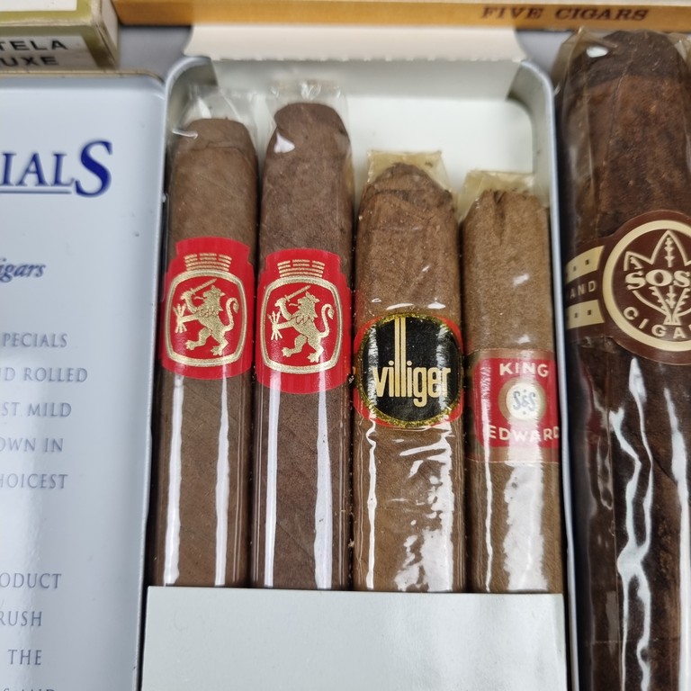 Various individually wrapped Cigars in non-matching tins/boxes ...