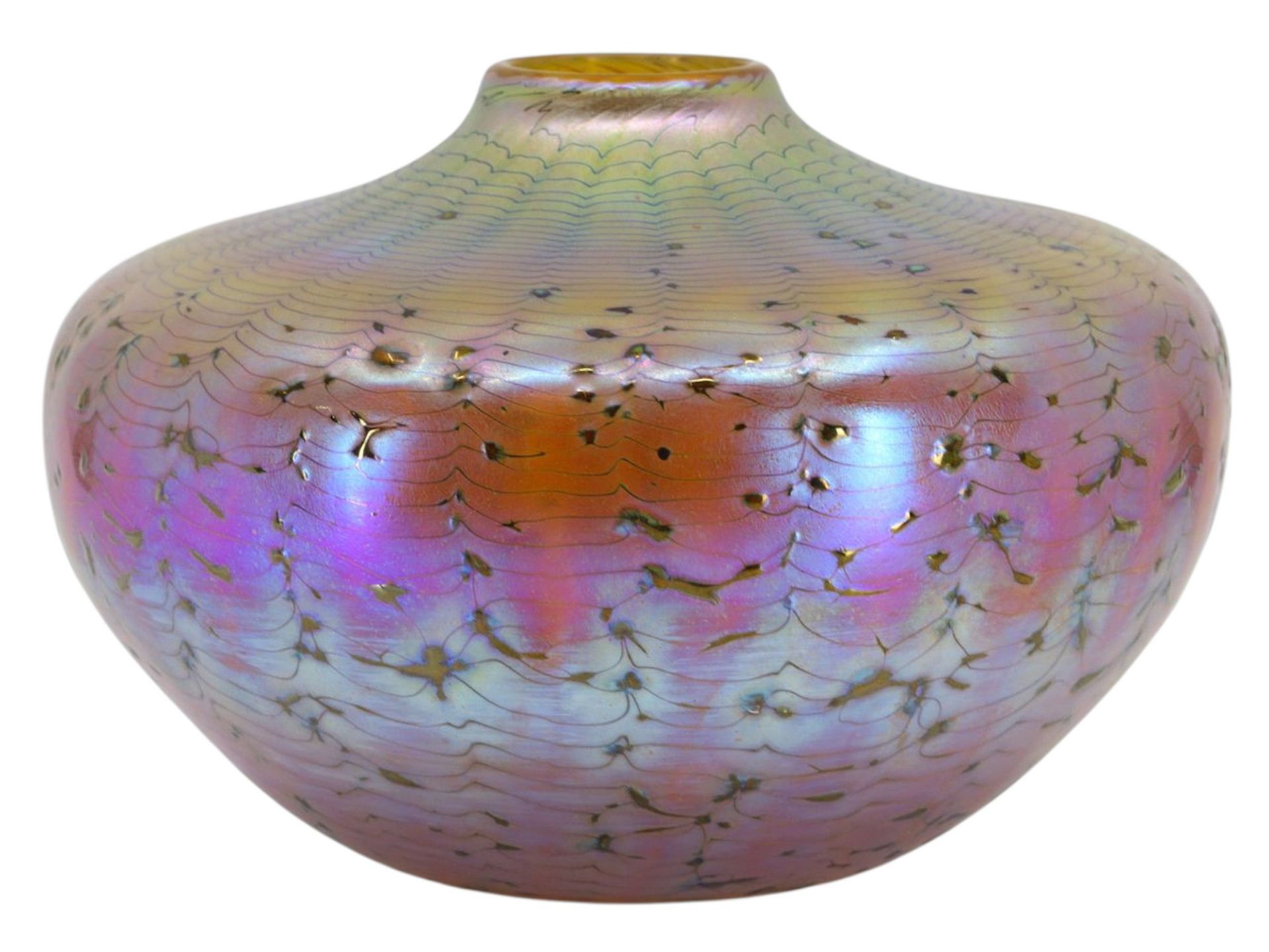 A fine example of Loetz-style iridescent glass vase, executed in a ...