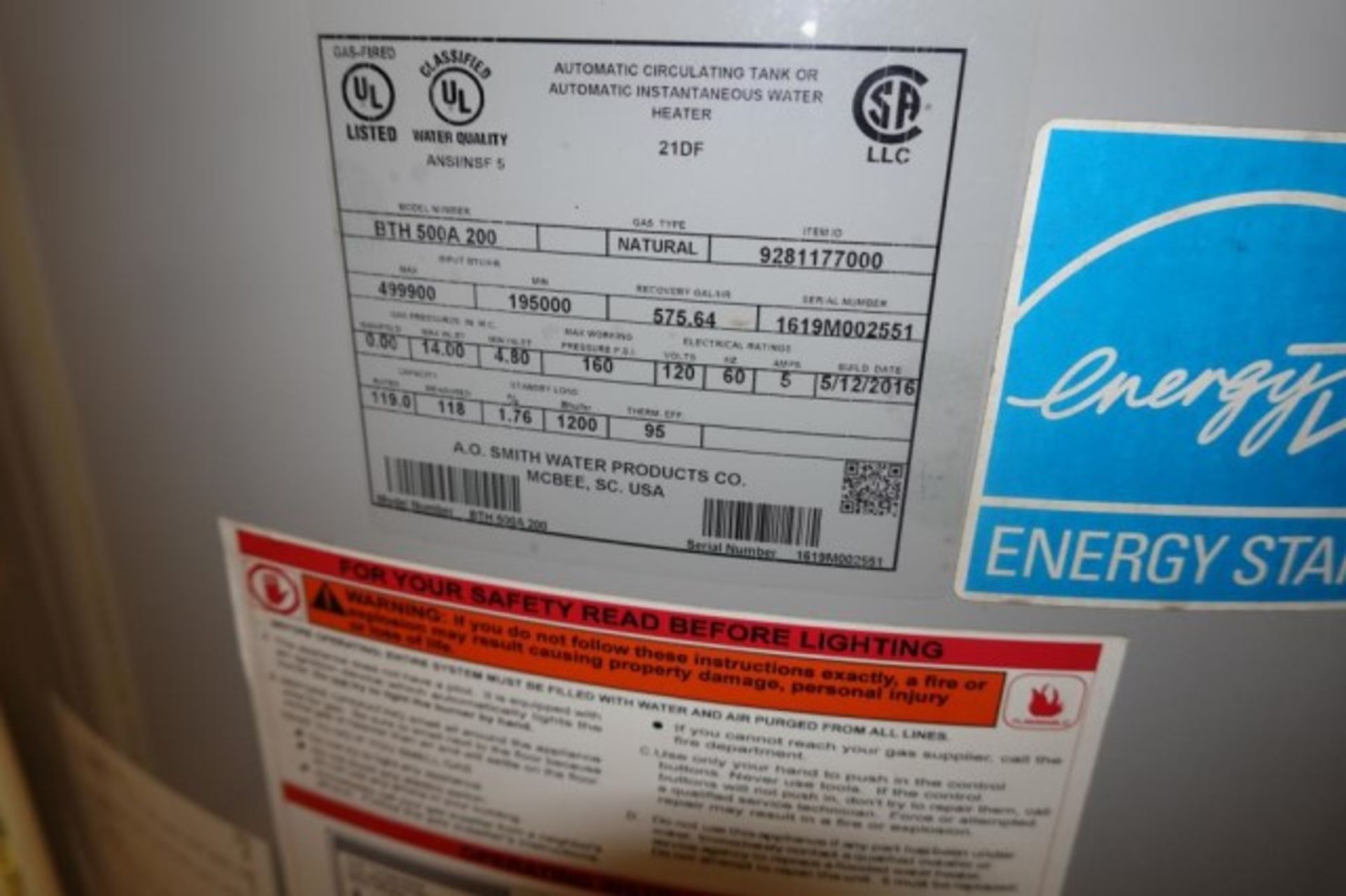 AO Smith BTH 500A 200 (Lot of 2) Natural Gas Water Heaters, 200-Gallon ...