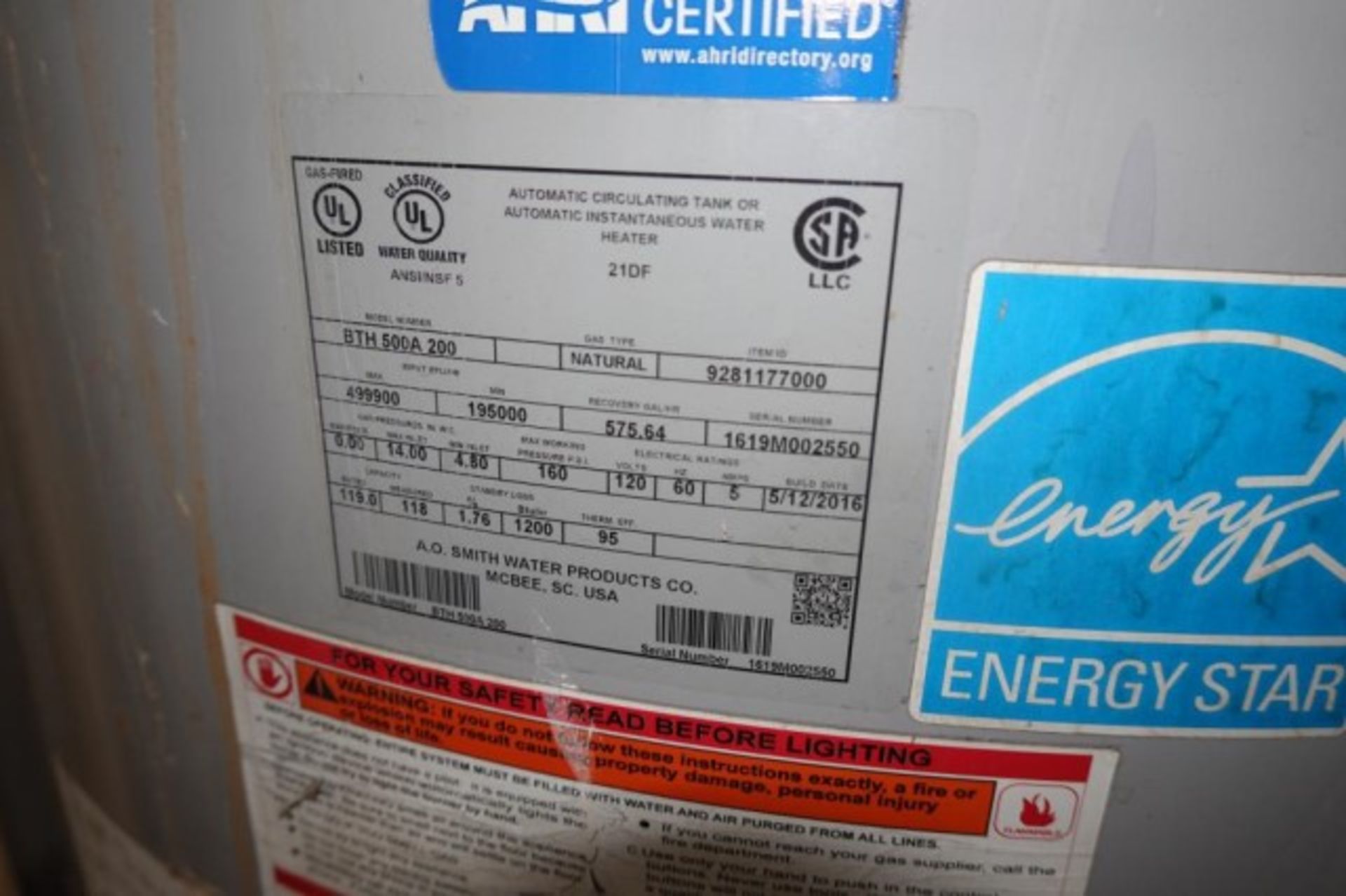 AO Smith BTH 500A 200 (Lot of 2) Natural Gas Water Heaters, 200-Gallon ...