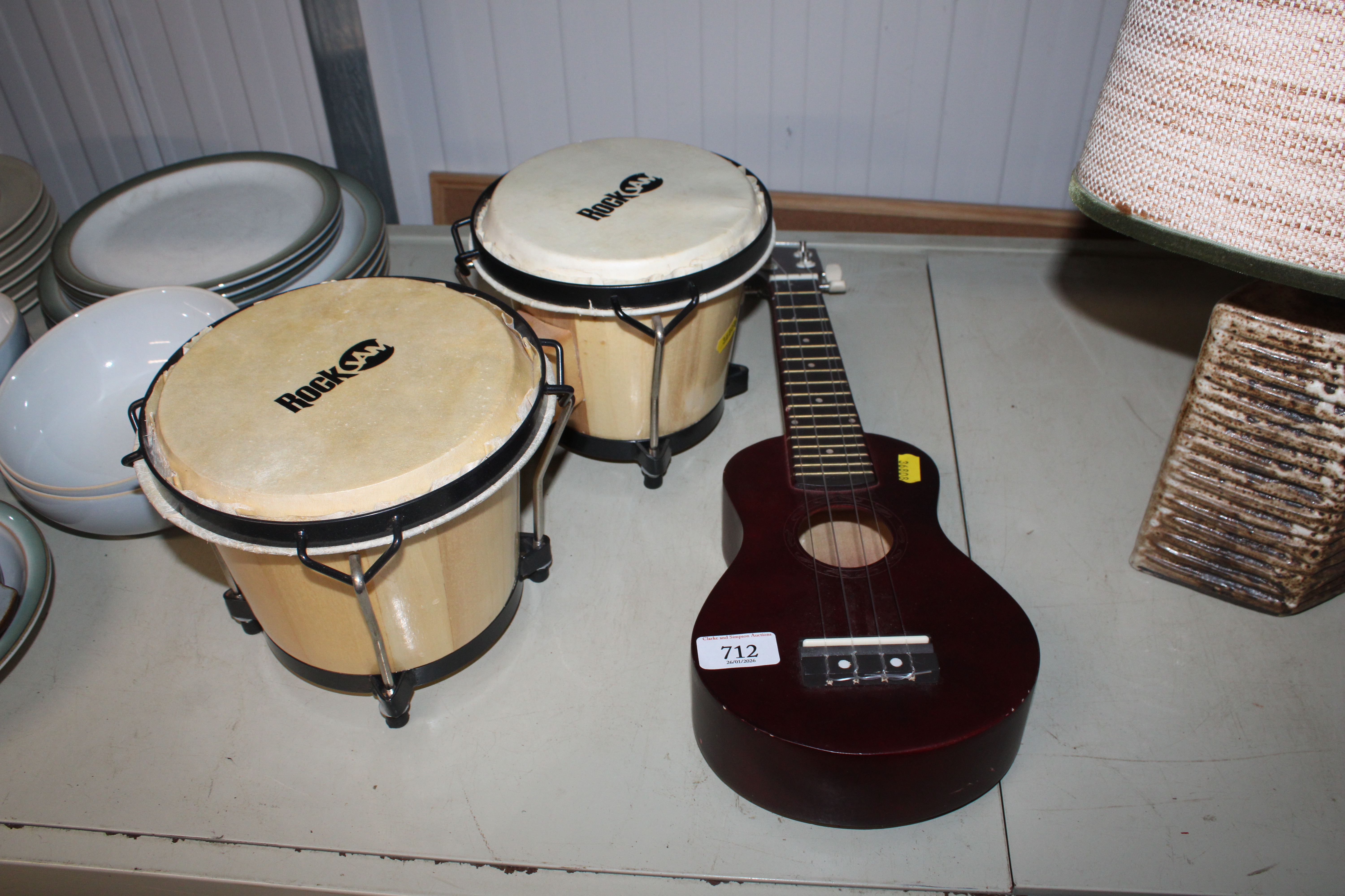 A pair of bongos and a Sheffield ukulele