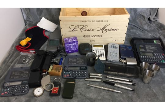 Twenty-six items including four parker pens, music box mechanism ...