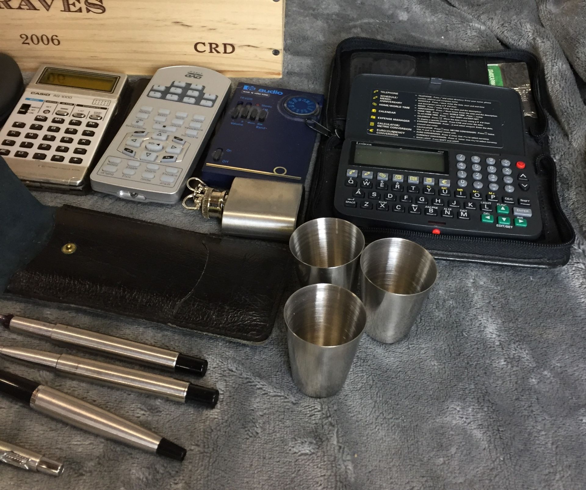 Twenty-six items including four parker pens, music box mechanism ...