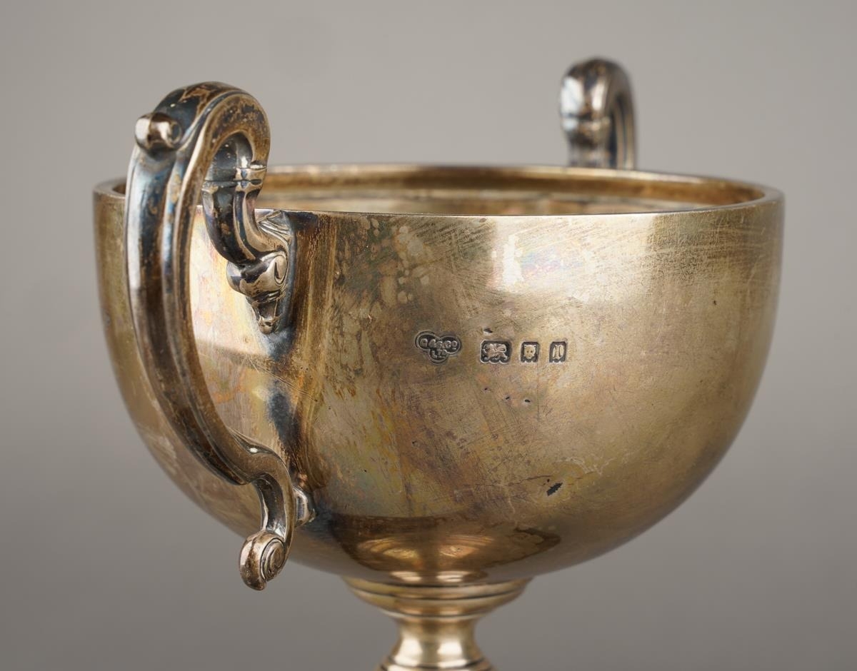 A George V silver twin handled pedestal trophy cup, bears presentation ...