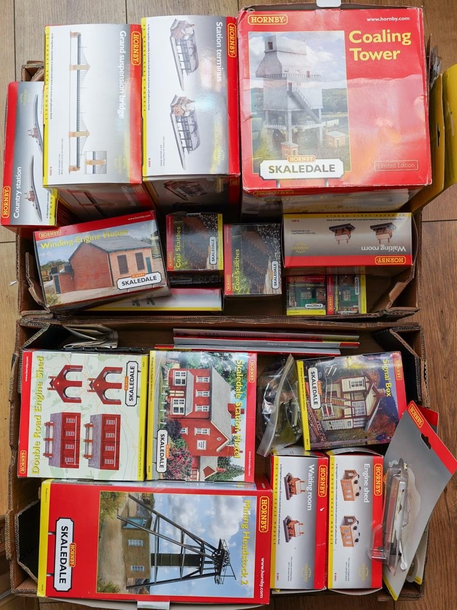 Two boxes of boxed Hornby Railways 00 gauge layout models ...