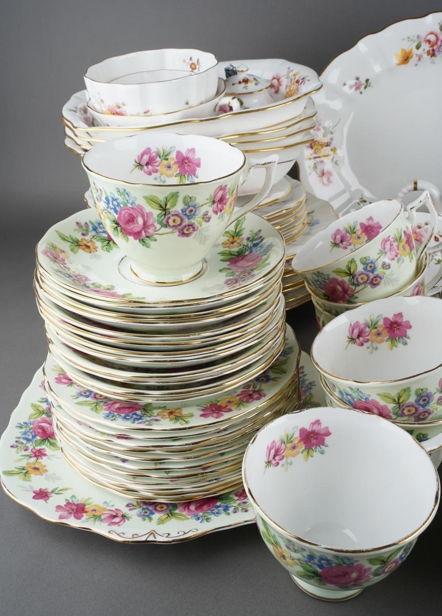 Two boxes of Crown Derby Posie pattern dinner and tea wares to include ...
