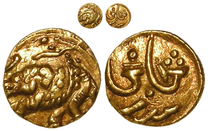 Indian State Mysore gold Fanam of Haidar Ali 1761-82. Elephant running ...