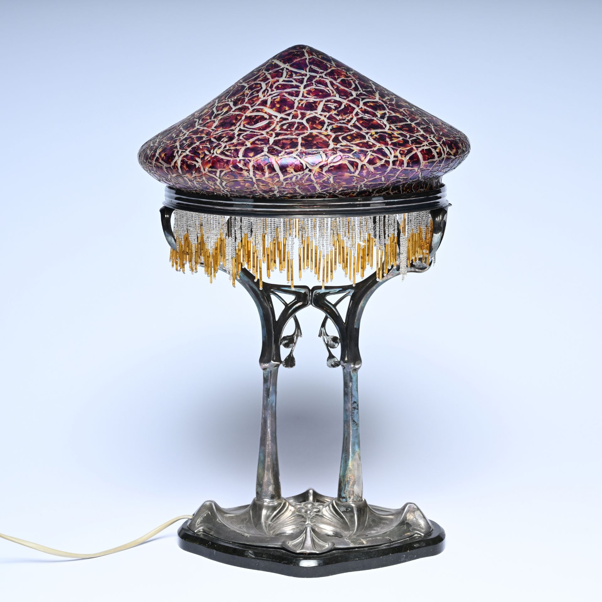 Art Nouveau Loetz table lamp, Austria, ca. 1900, iridescent glass shade ...