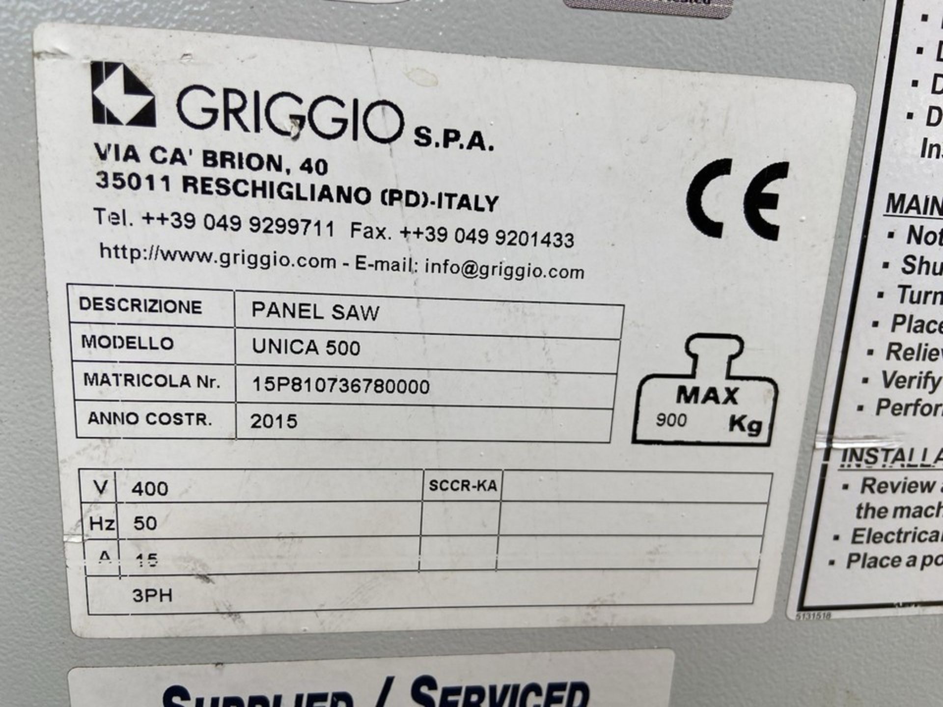 Griggio Unica 500 3200 Panel Saw 3.2 Metre Sliding Table Year of ...