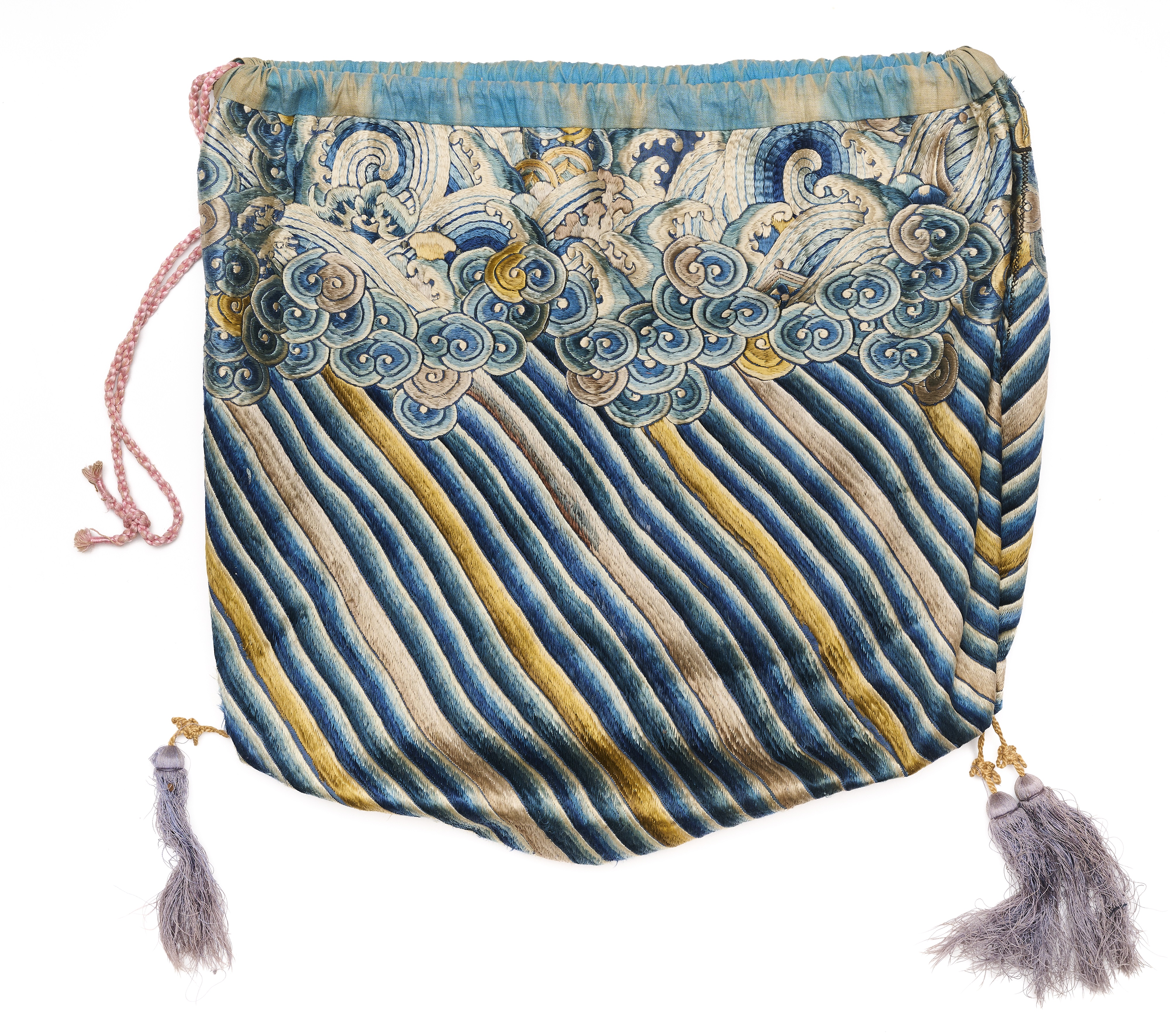 A SILK EMBROIDERED CHINESE DRAWSTRING BAG, CIRCA 1900 worked in stripes ...