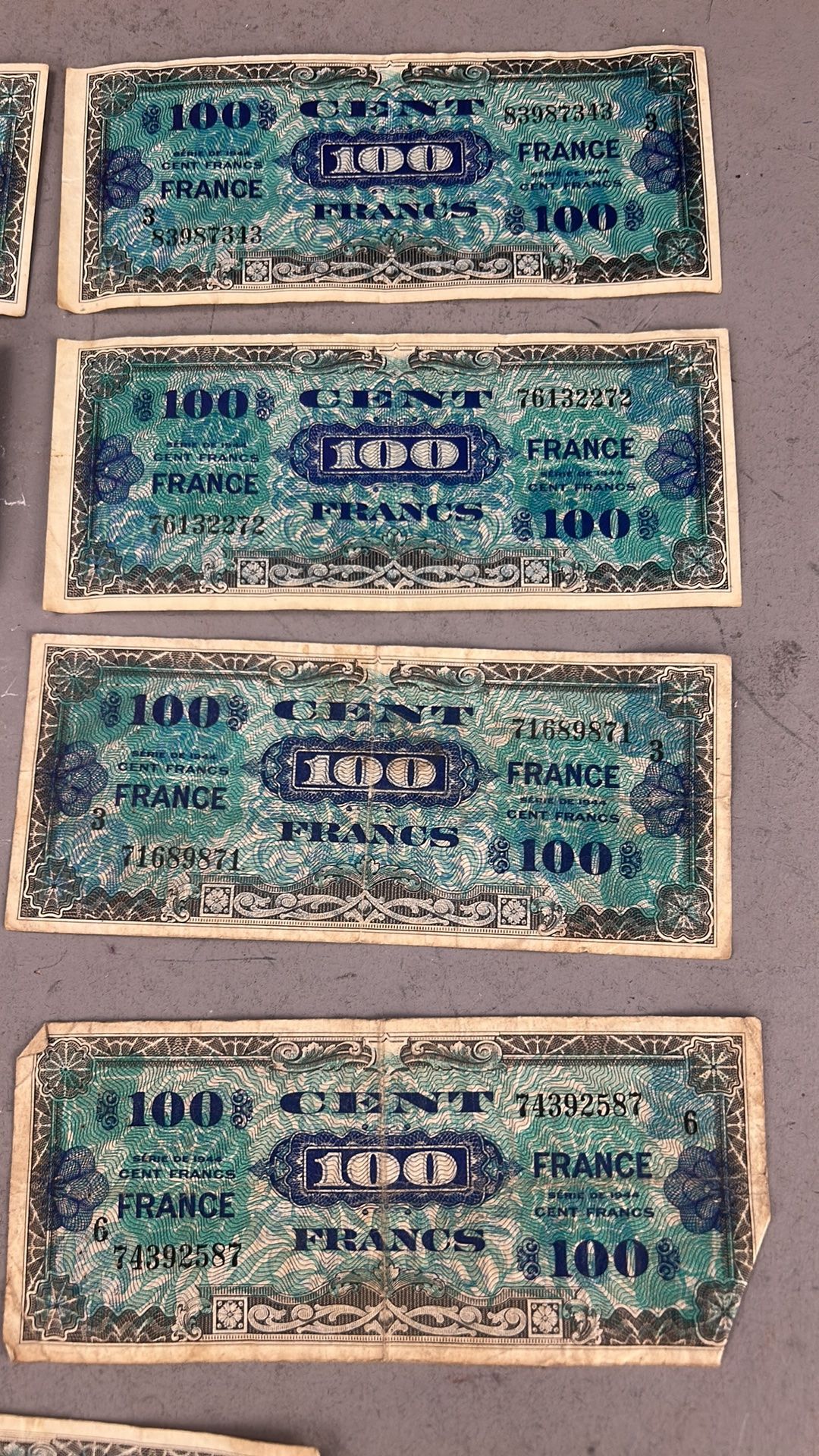 Set of 9 French 100 Francs banknotes, Invasion Money Freedom Notes ...