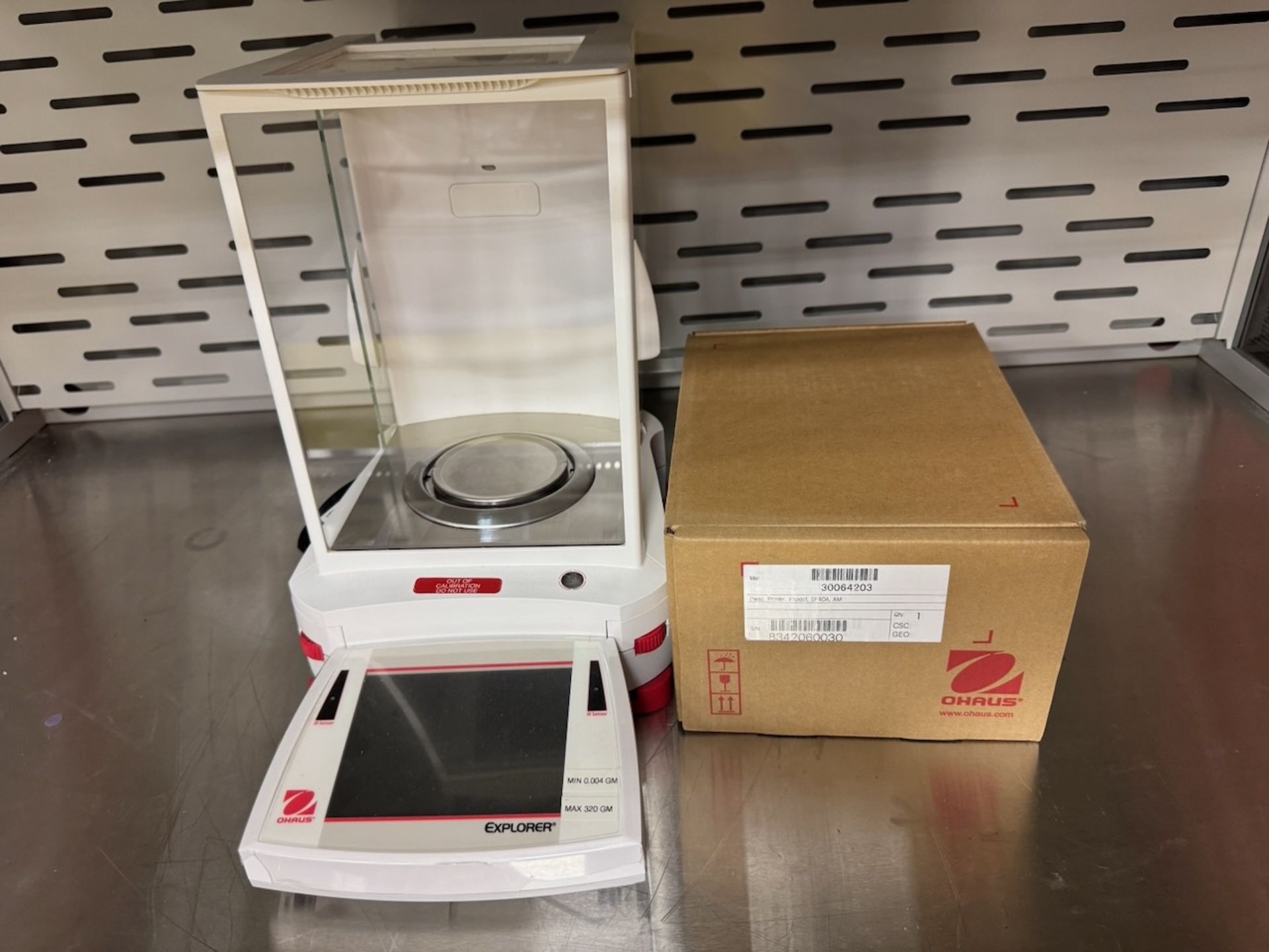 Ohaus lab balance, model EX324N, 320 gram capacity, with printer.