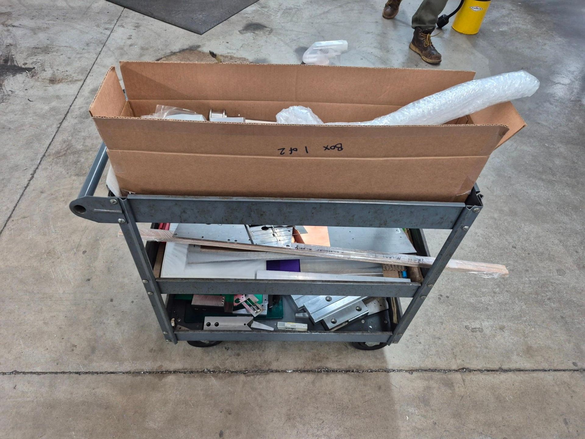 3 LEVEL STEEL SHOP CART ON WHEELS FULL OF MISC. SCRAP MATERIAL AND ...