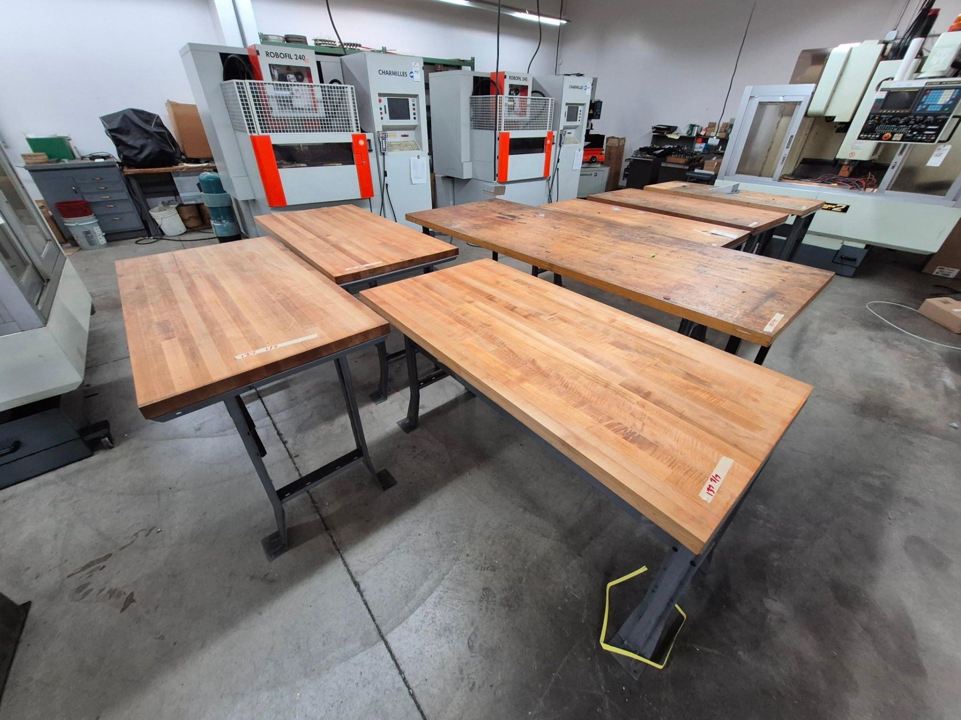 7 X WOOD TOPPED SHOP TABLES 60" X 30" X 33.75" H 60" X 30" X 33.75" H ...