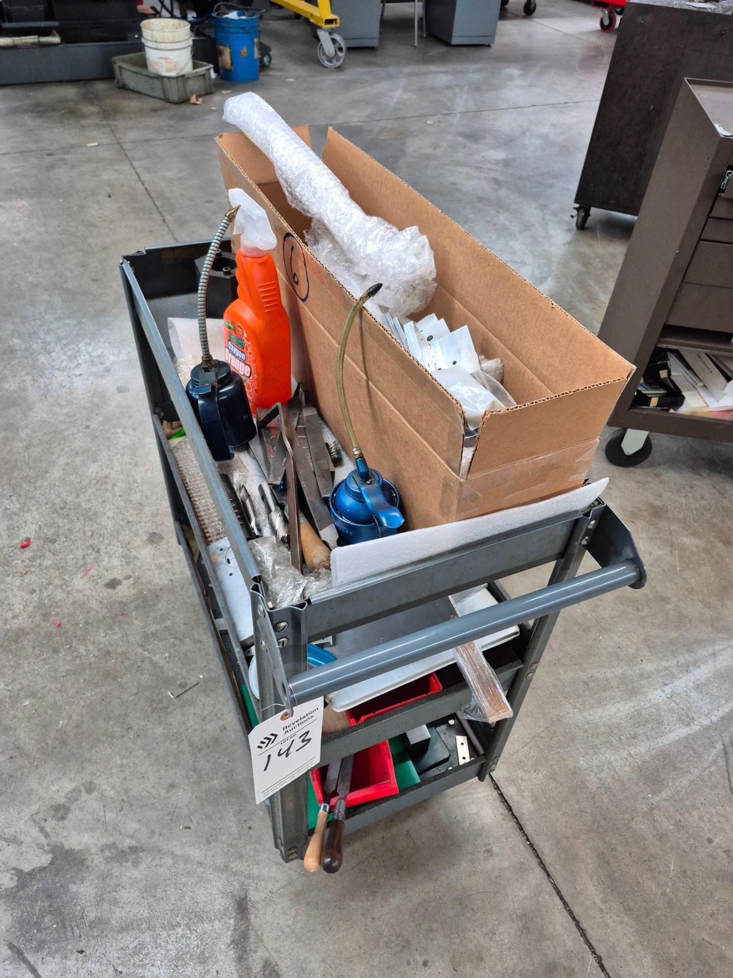 3 LEVEL STEEL SHOP CART ON WHEELS FULL OF MISC. SCRAP MATERIAL AND ...
