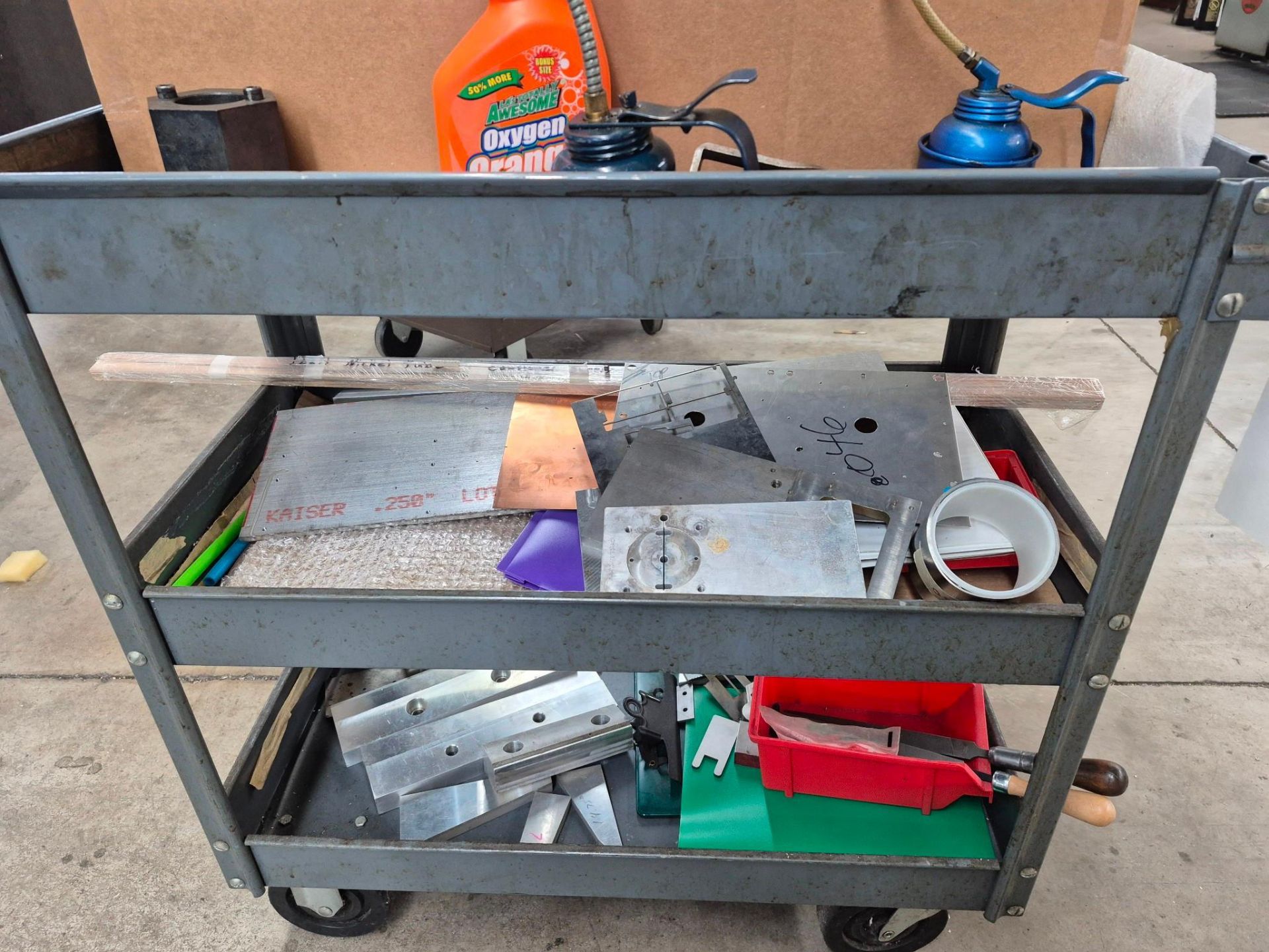 3 LEVEL STEEL SHOP CART ON WHEELS FULL OF MISC. SCRAP MATERIAL AND ...