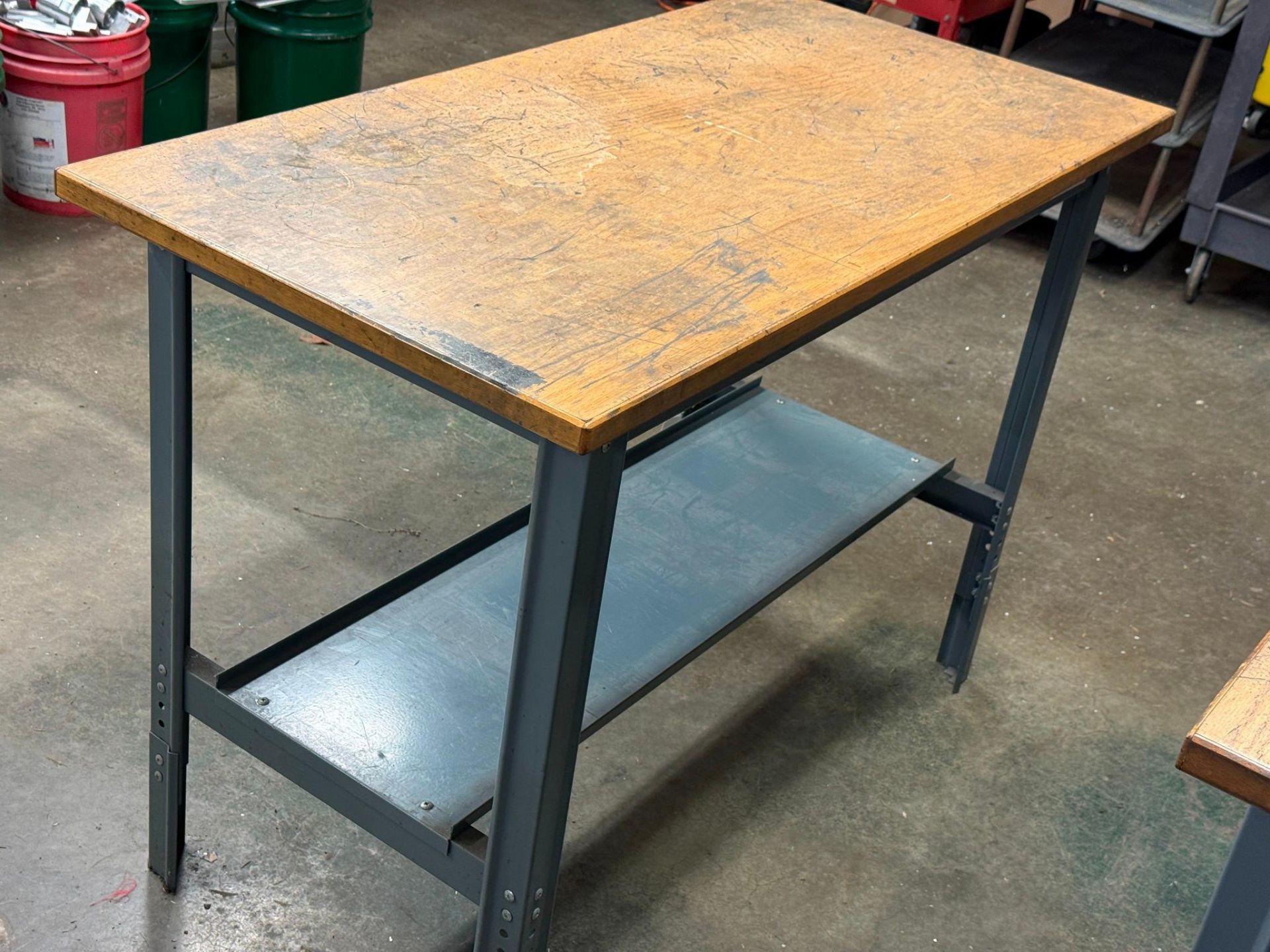 SET OF 2 WORKSMART BRAND METAL ADJUSTABLE HEIGHT WOOD TOP SHOP TABLES ...