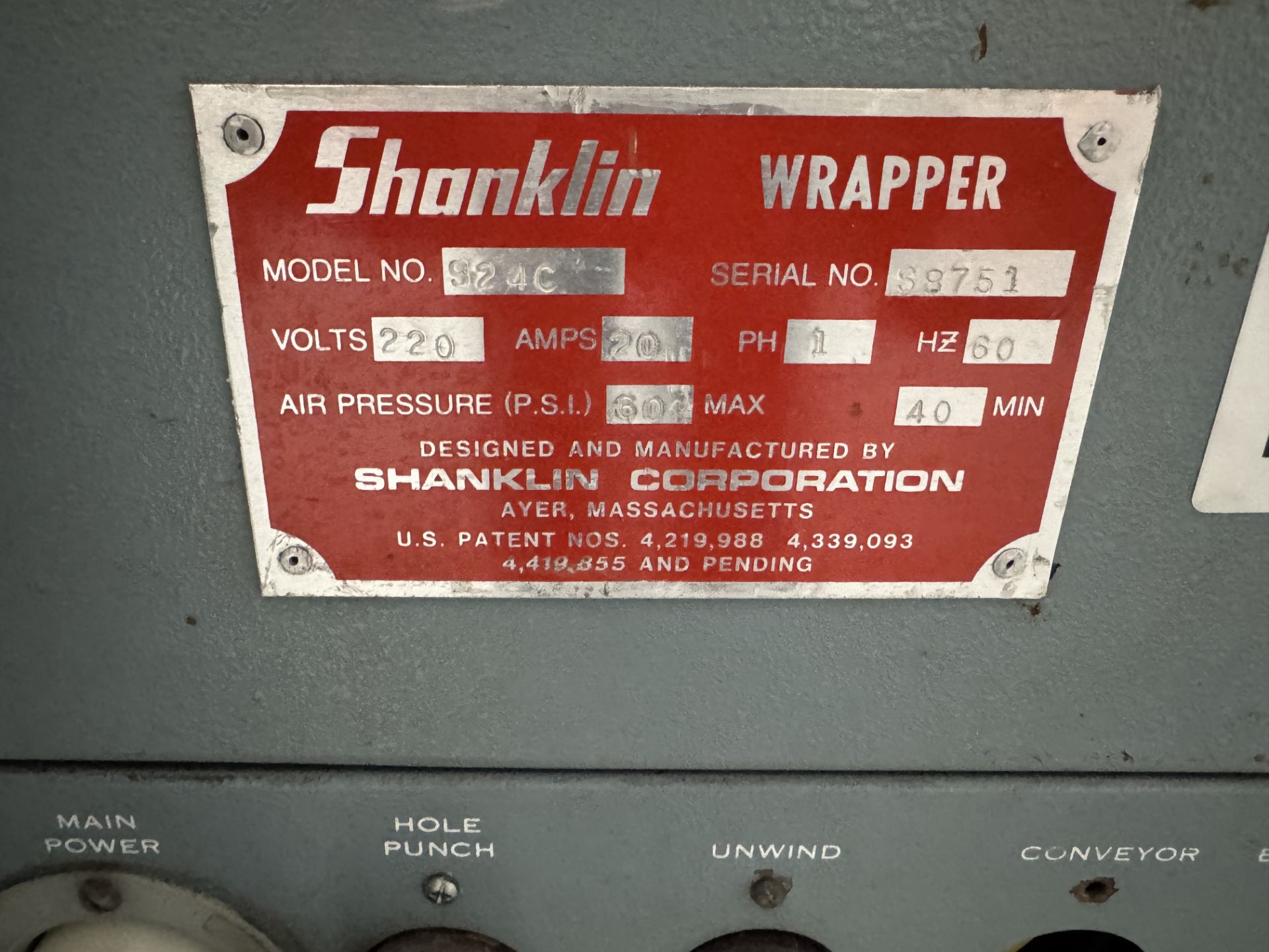 Shanklin L-Bar Wrapper, model S24C, s/n S8751, 220 volt, mobile base