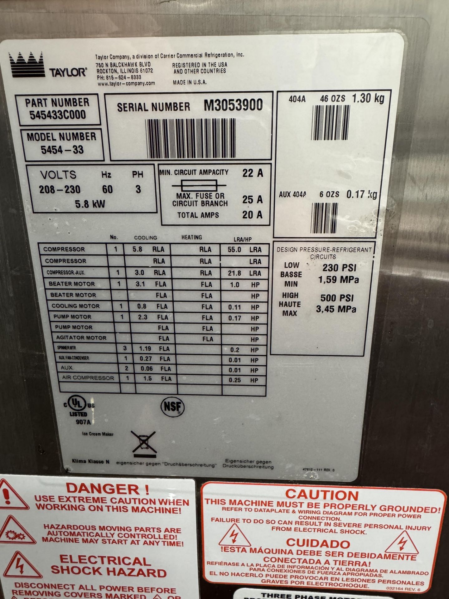 Taylor Milk Shake Freezer, model 5454-33, s/n M3053900, 208-230v