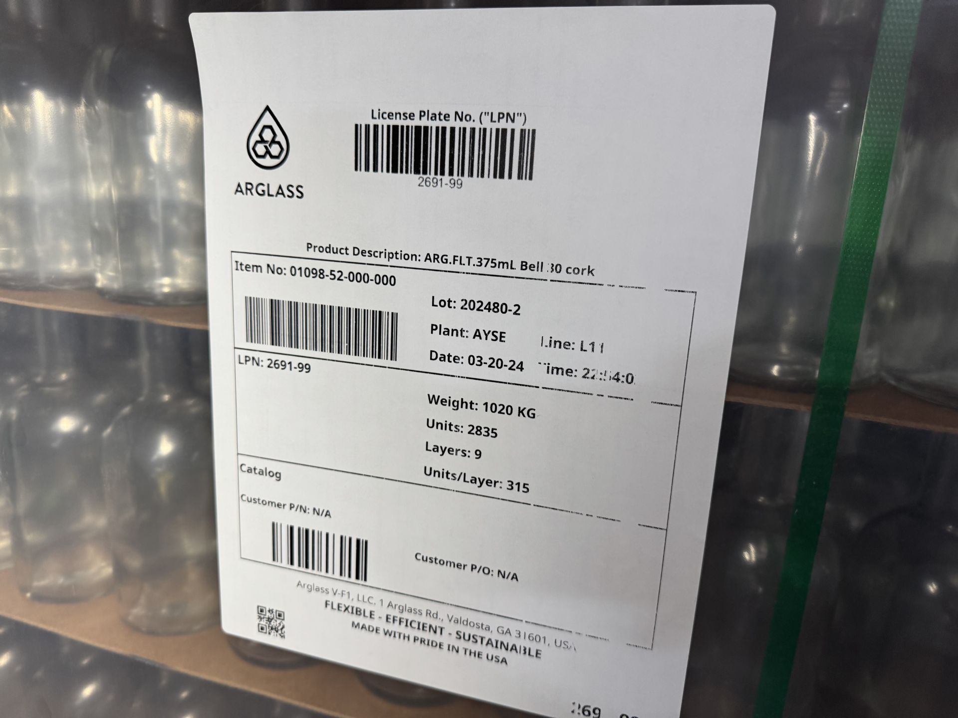 [LOT] of (30) pallets Arglass 375ml Glass Bottles, bell, clear, cork ...