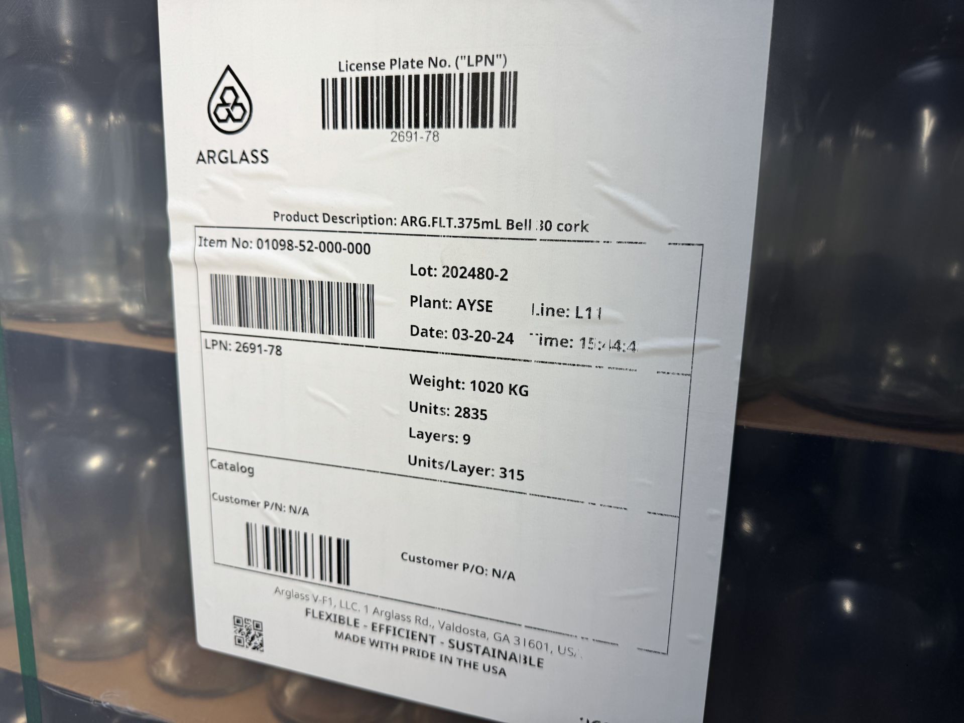 [LOT] of (30) pallets Arglass 375ml Glass Bottles, bell, clear, cork ...
