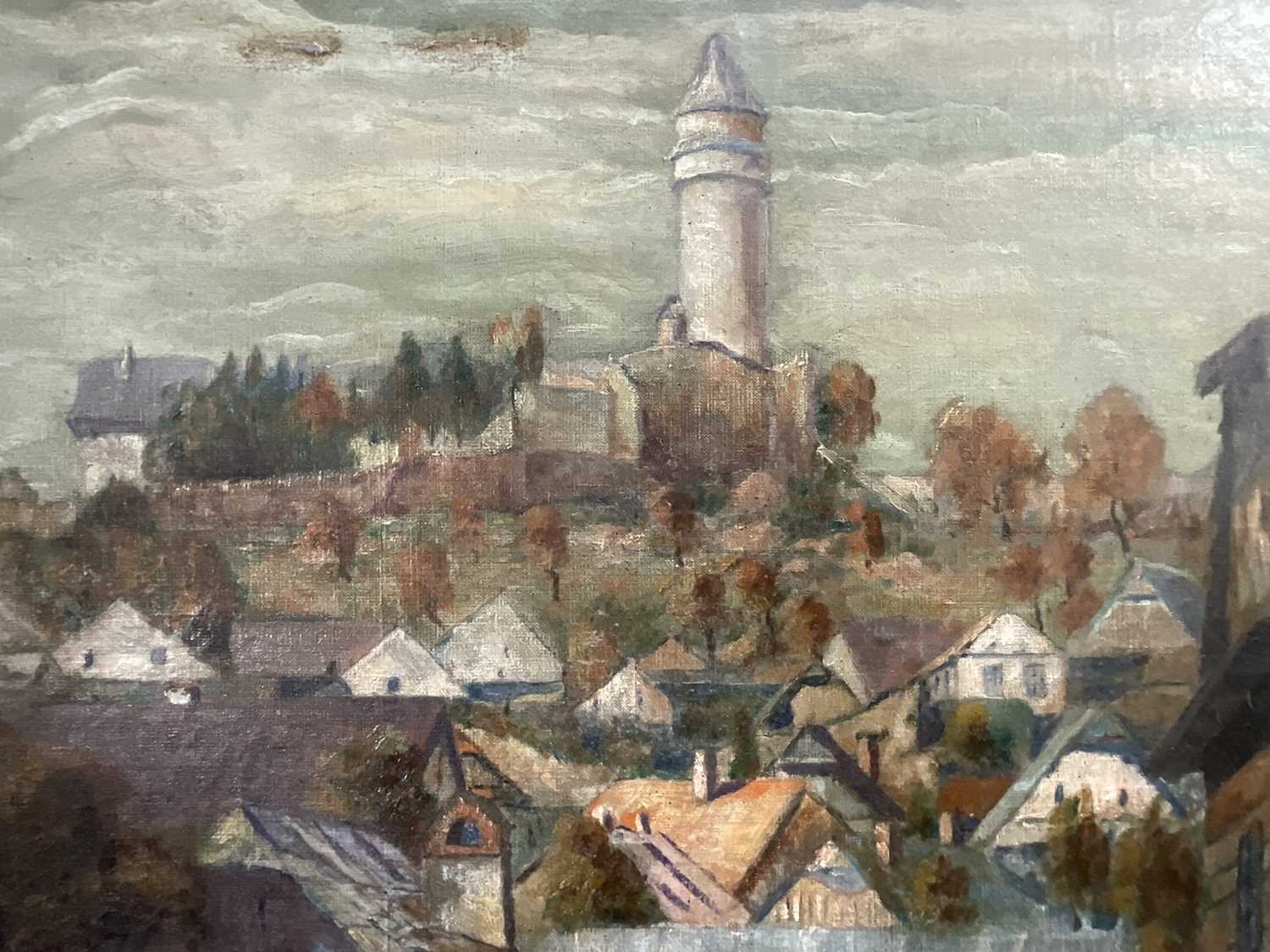 J. Borsky oil on canvas, extensive village scene, signed, 84cm x 91cm ...