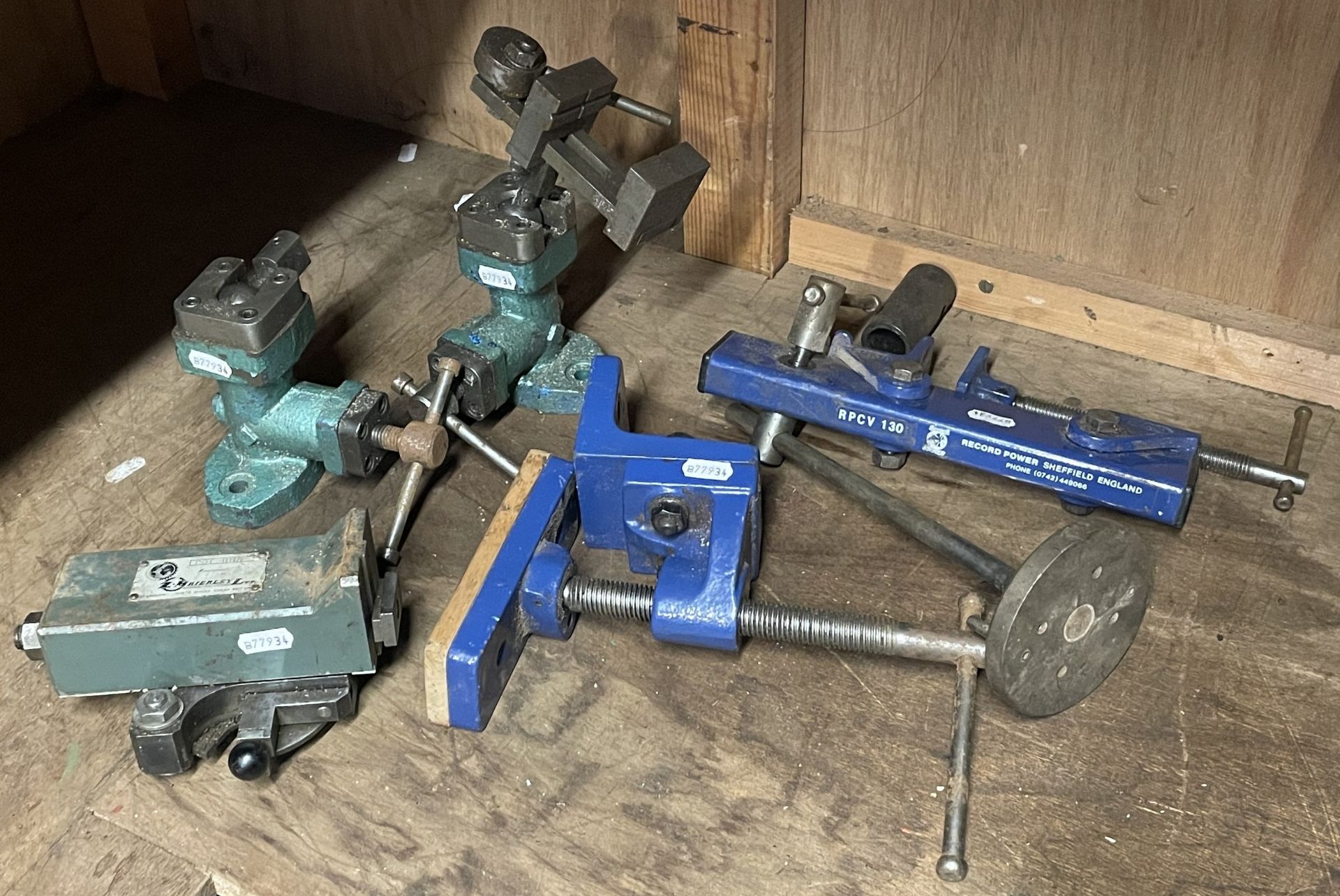 A Brierley quick change lathe post, two lathe clamp vice, a Marples ...