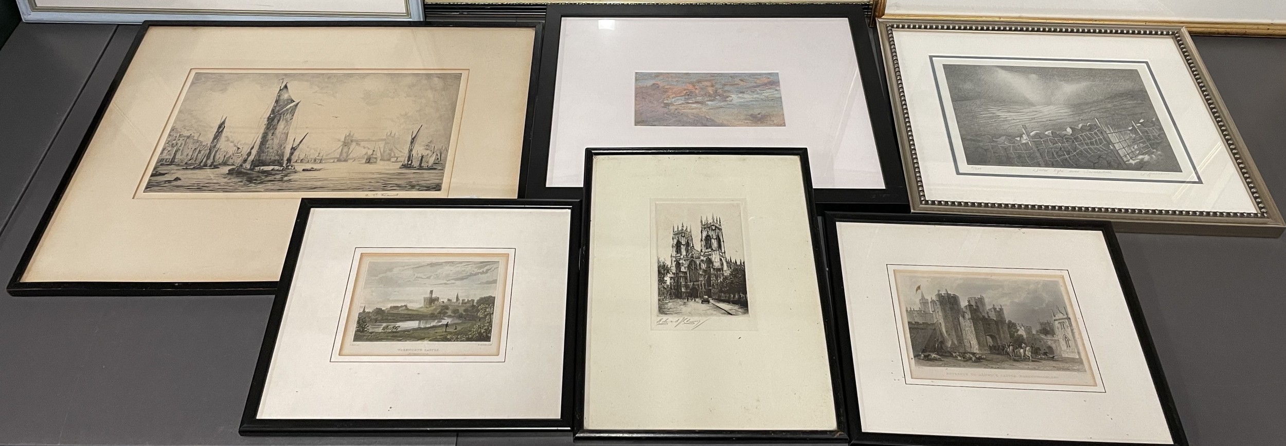 A collection of eight framed paintings, Ltd edition prints and etchings ...