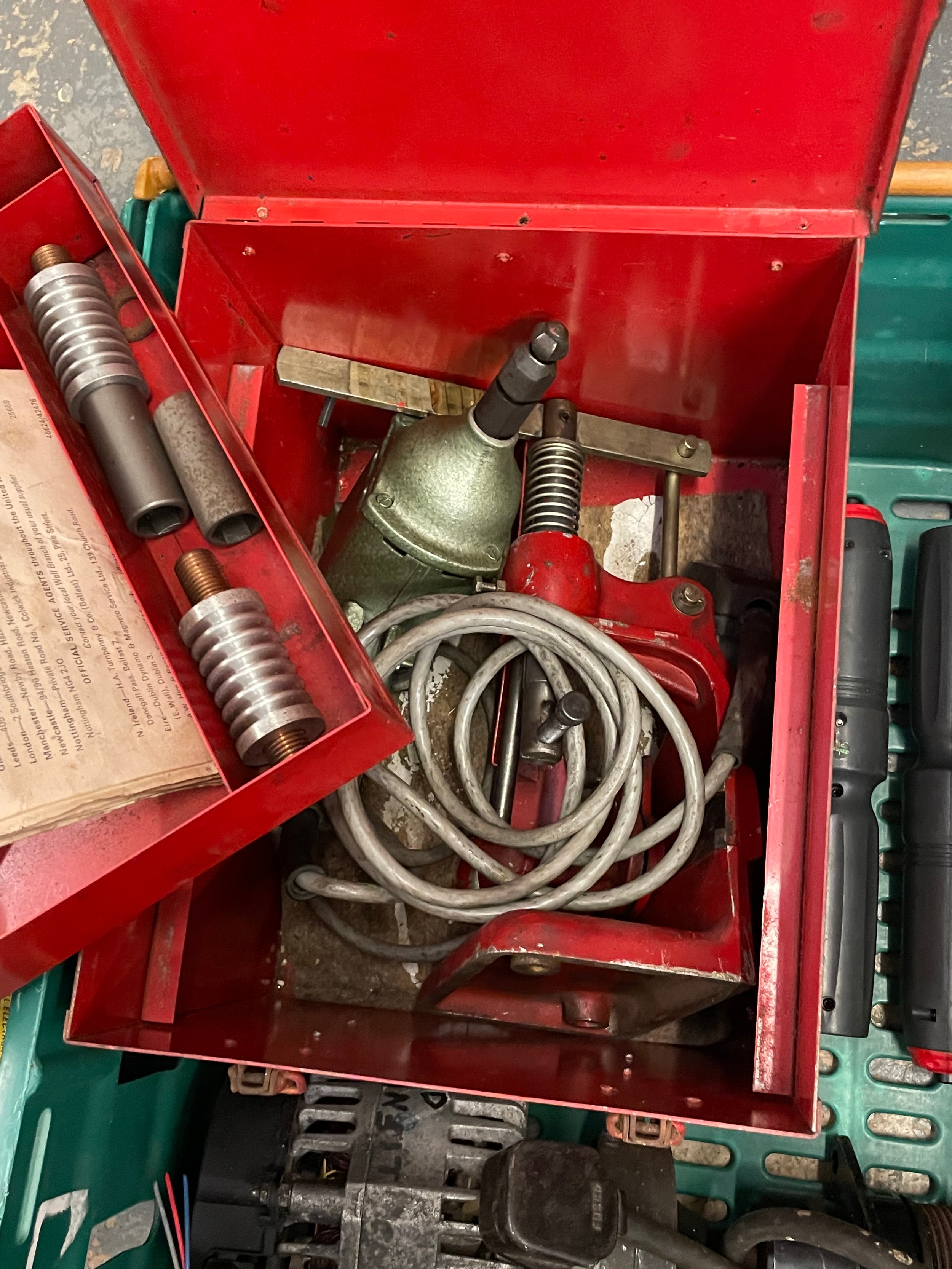 Two boxes of power tools, to include, a Bosch 3.6V screwdriver, Wolf ...