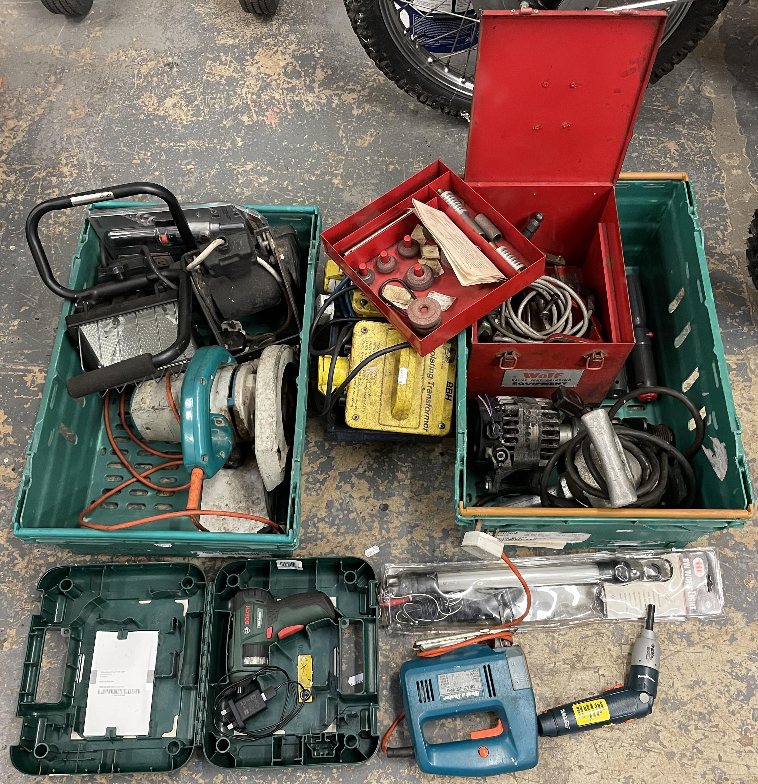 Two boxes of power tools, to include, a Bosch 3.6V screwdriver, Wolf ...