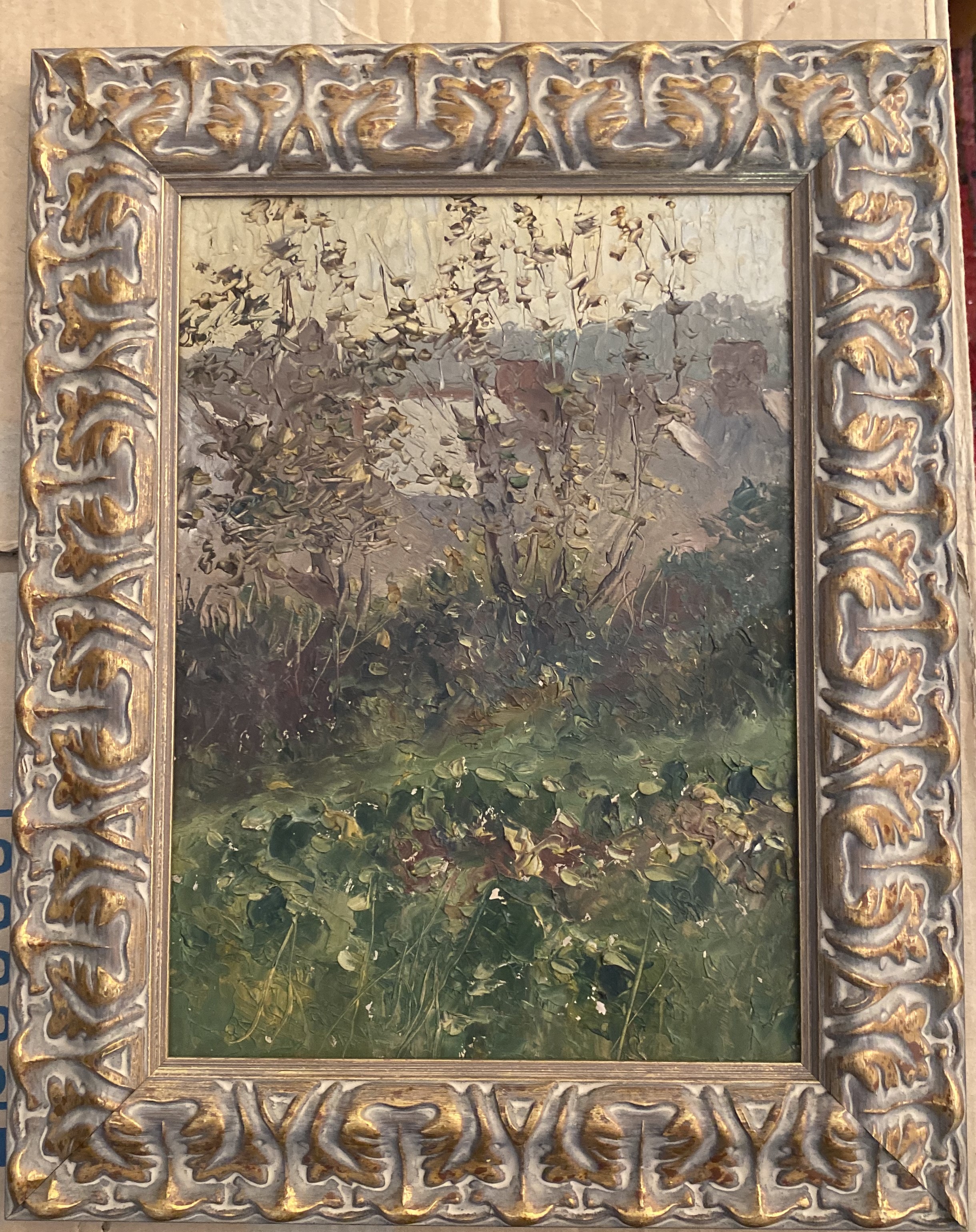REGINALD CHARLES WILKINSON (BRITISH 1881-1939) ROOFS BEHIND TREES oil ...