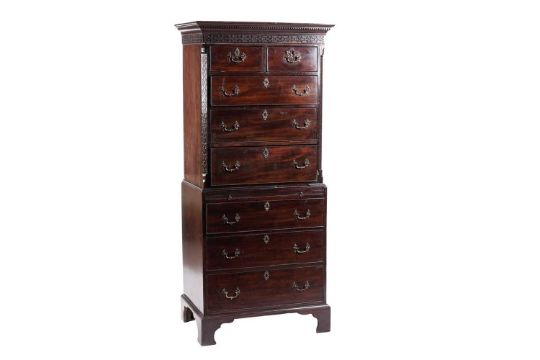 A George III mahogany chest on chest, the upper section with dentil ...