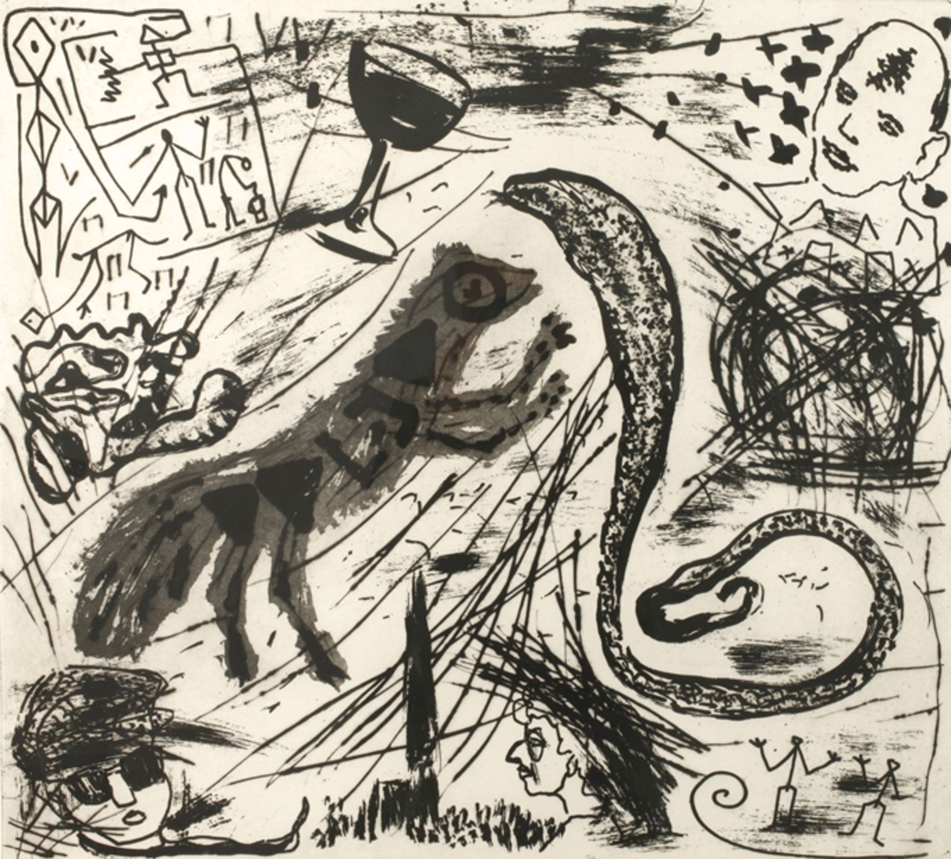 A. R. Penck, aus "Was einem Emigranten...". Komposition aus Tieren ...