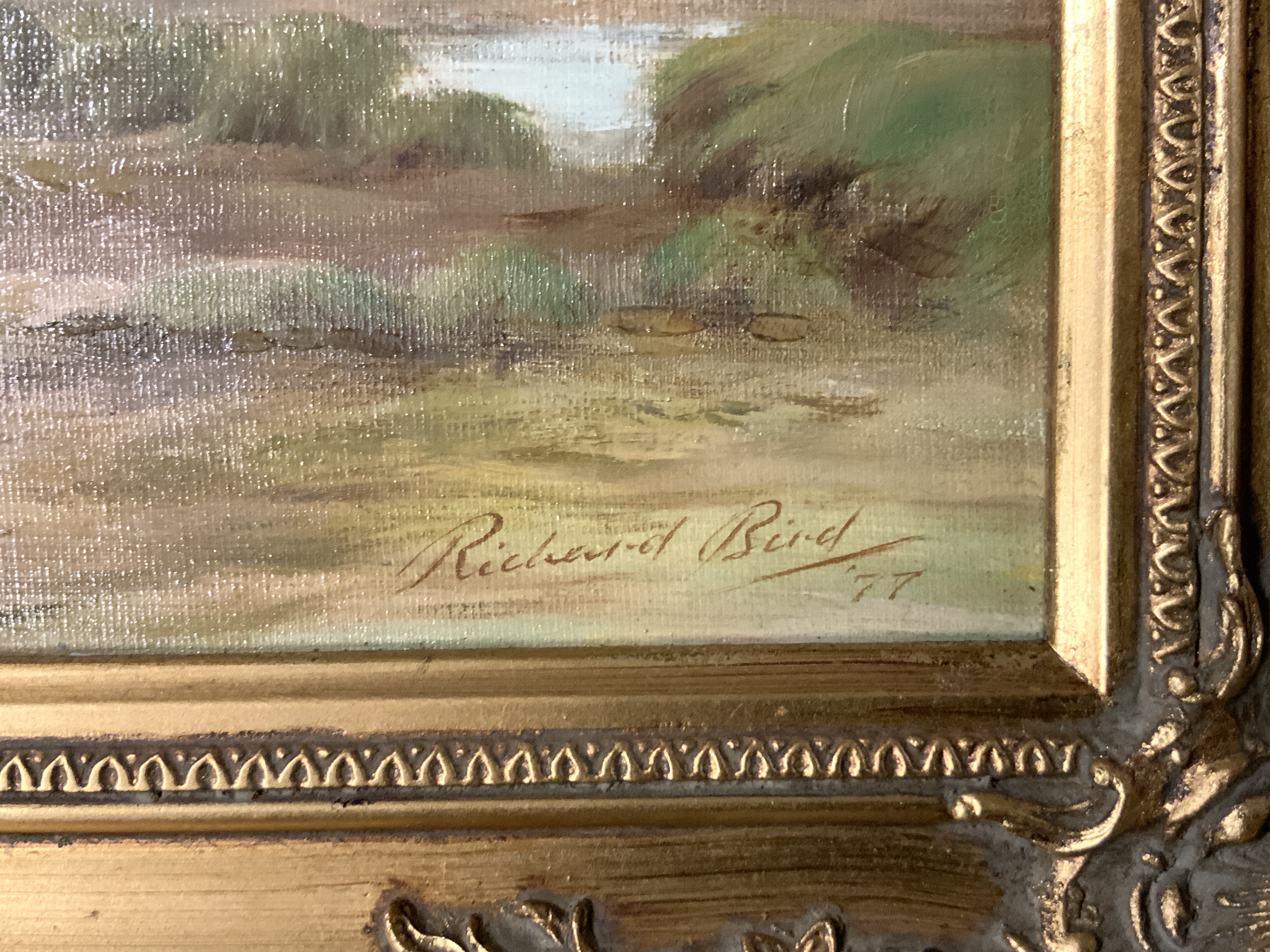 RICHARD BIRD (BRITISH) SIGNED OIL ON BOARD, DATED 77, SHORELINE SCENE ...