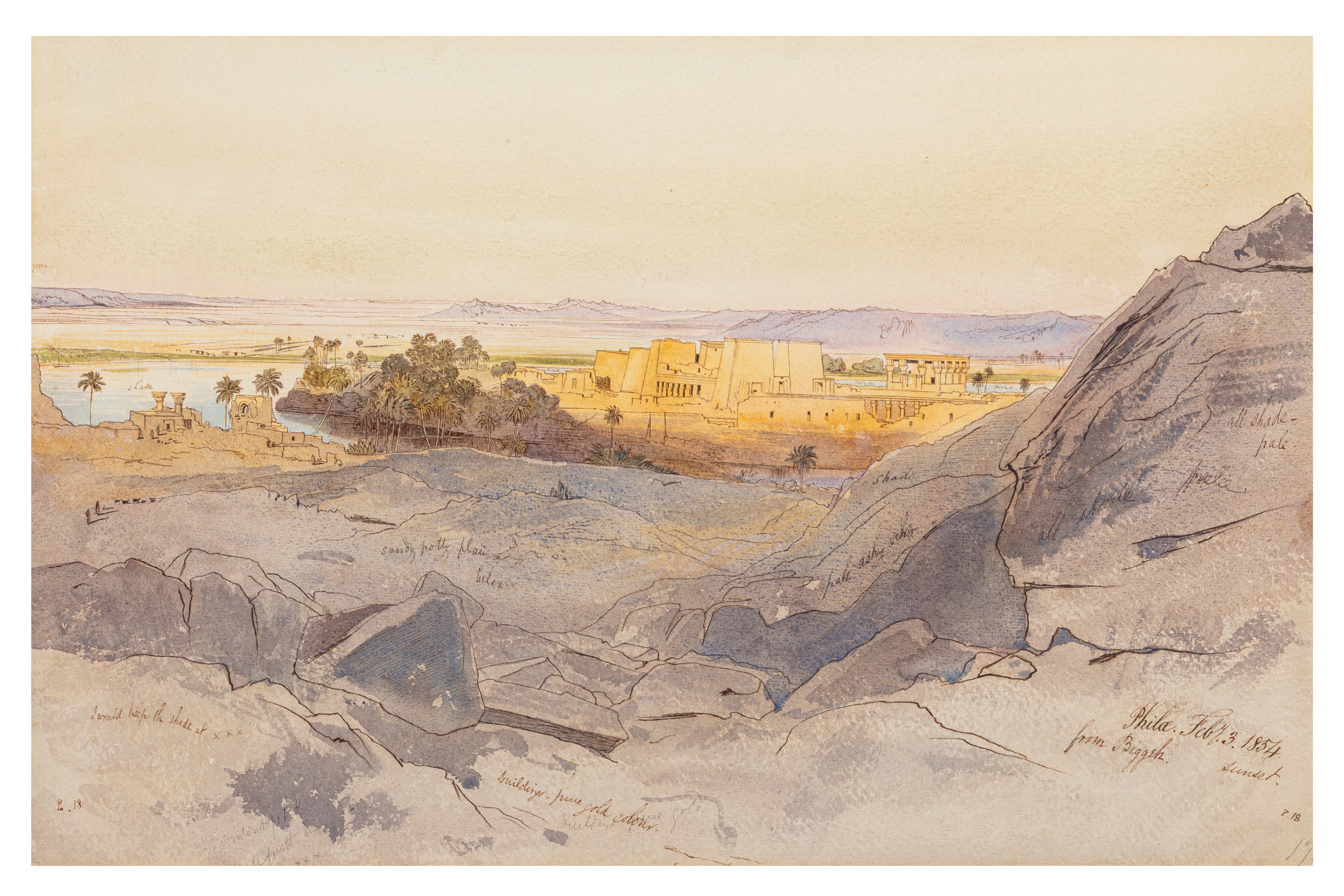 Edward Lear (British, 1812-1888) Philae from Biggeh Sunset extensively ...