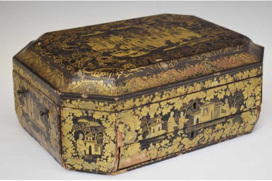 19th century Chinese gilt lacquer work box, rectangular form with ...