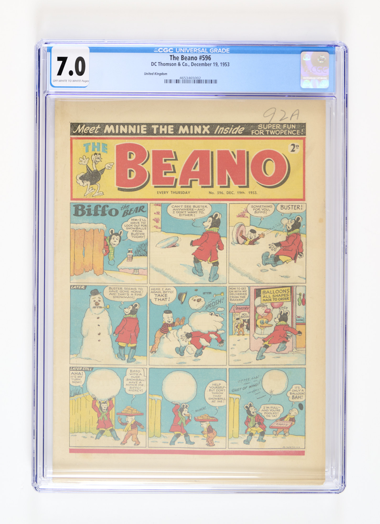 Beano 596 (Dec 19 1953). First Minnie the Minx by Leo Baxendale. CGC 7. ...