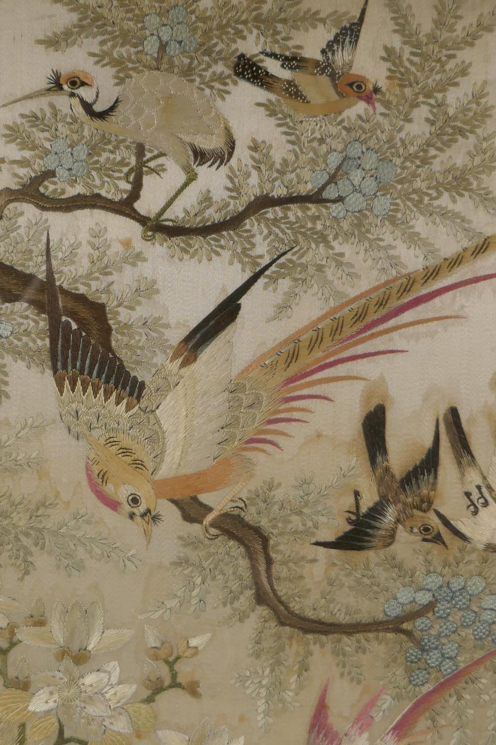 An antique Chinese silk embroidered panel depicting Asiatic birds ...
