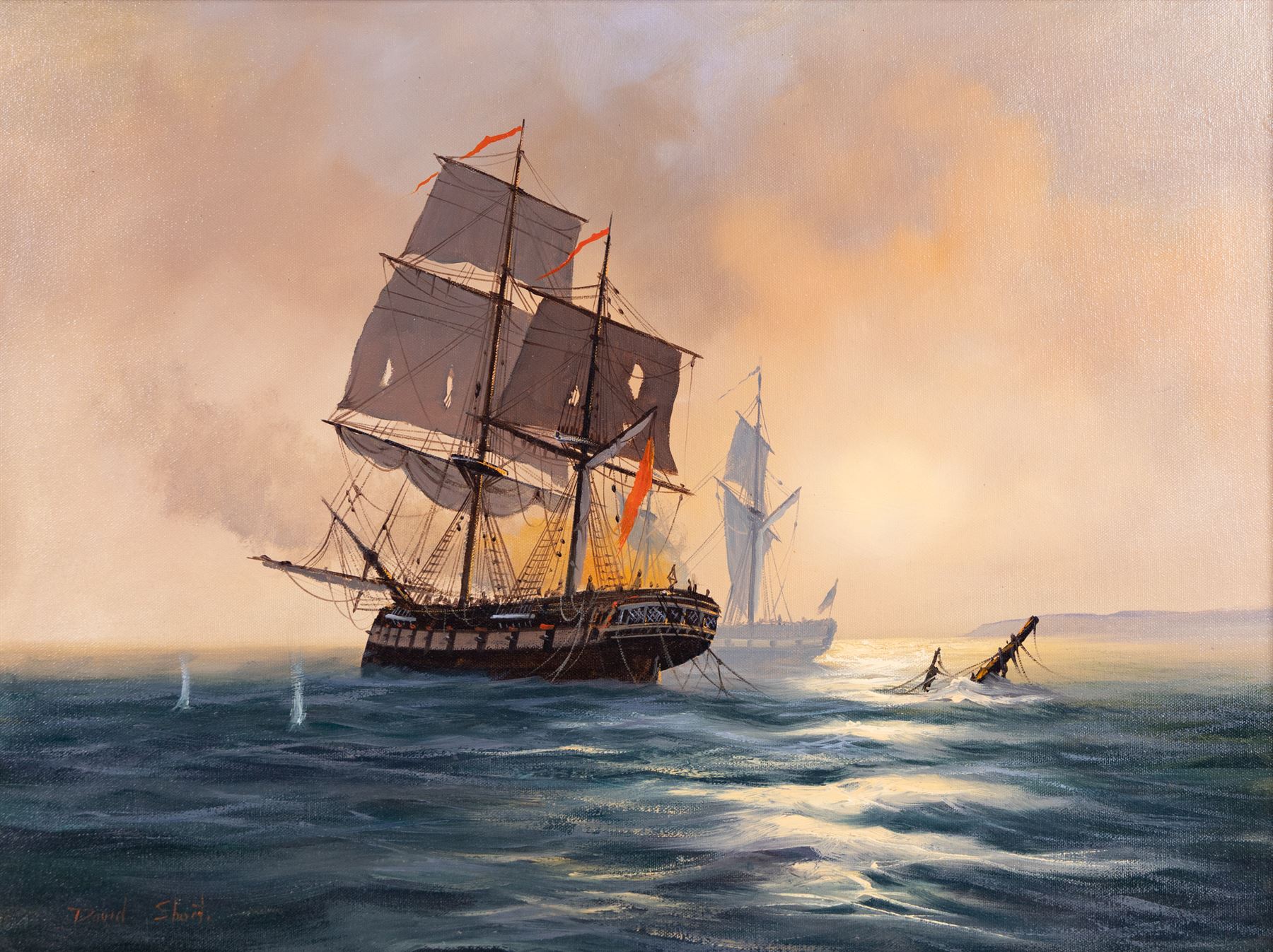David Short (British 1940-): Ship at Sea, oil on canvas signed 43cm x 59cm
