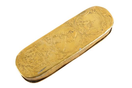 A GERMAN BRASS TOBACCO BOX BY JOHANN HEINRICH GIESE (1716-1761) signed ...