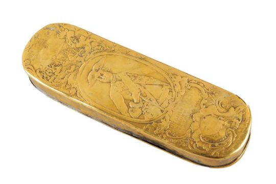 A GERMAN BRASS TOBACCO BOX BY JOHANN HEINRICH GIESE (1716-1761) signed ...
