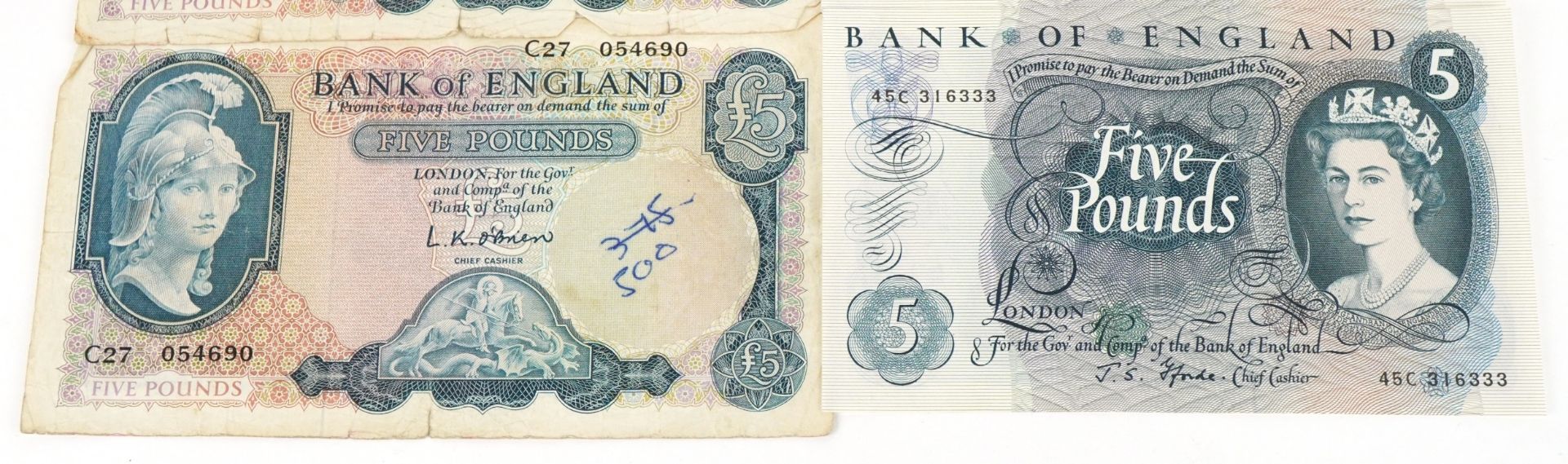 Three 1950s Bank of England helmeted Britannia series five pound notes ...