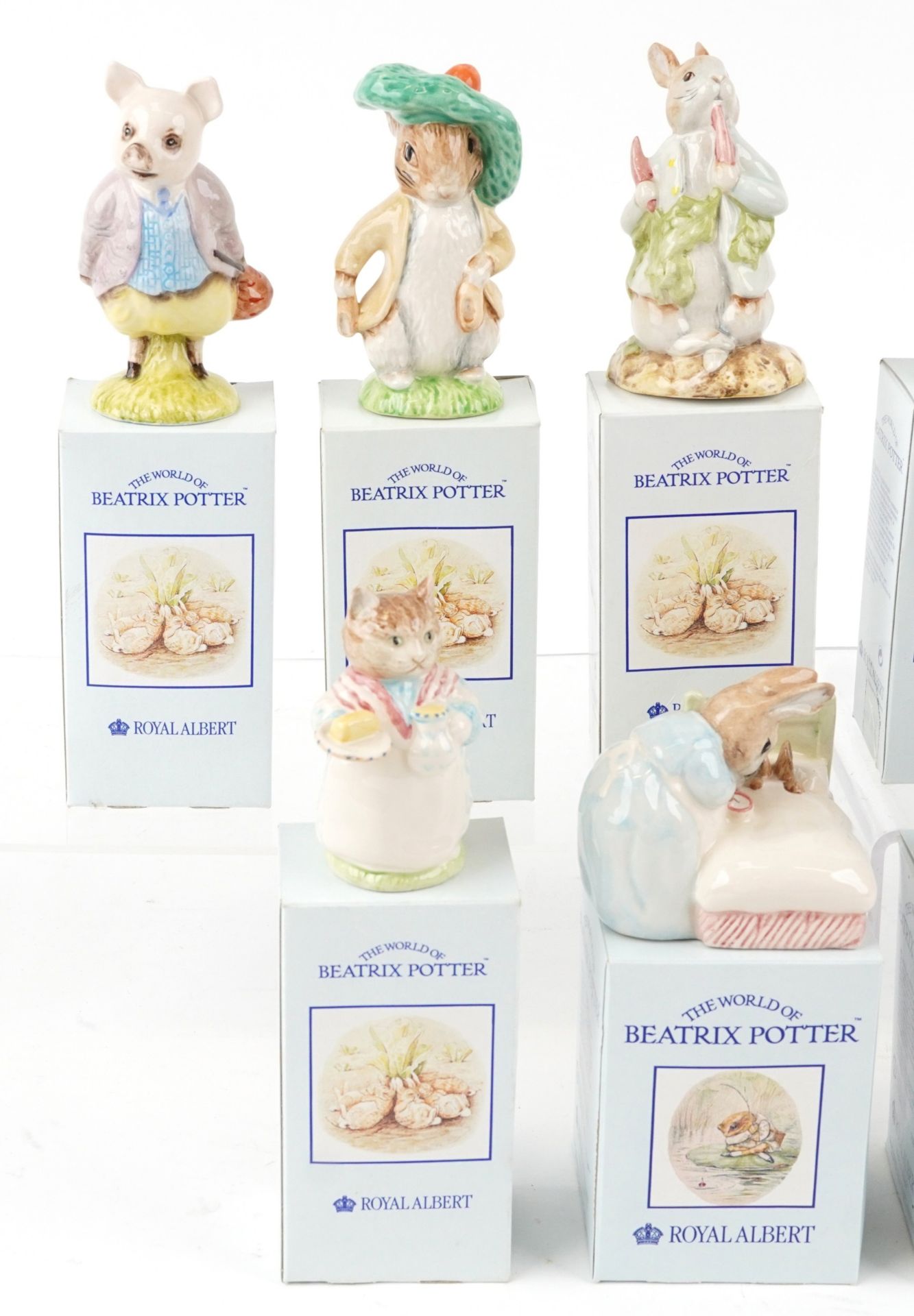 Ten Royal Albert Beatrix Potter figures with boxes including Pigling ...