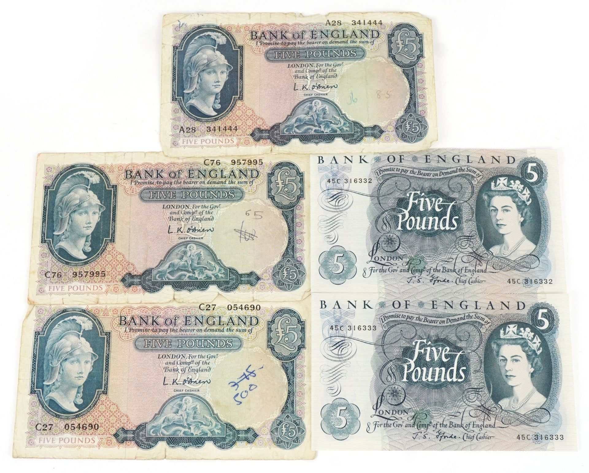 Three 1950s Bank of England helmeted Britannia series five pound notes ...