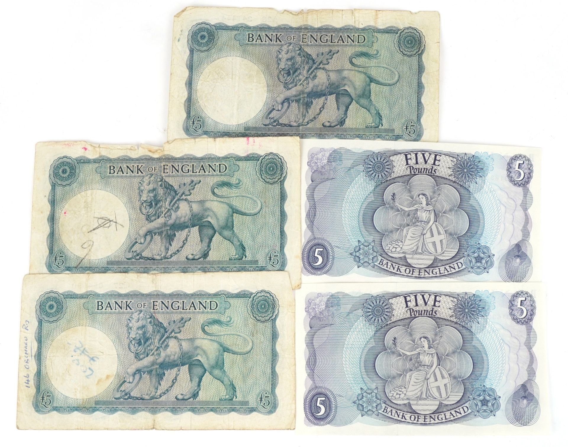 Three 1950s Bank of England helmeted Britannia series five pound notes ...