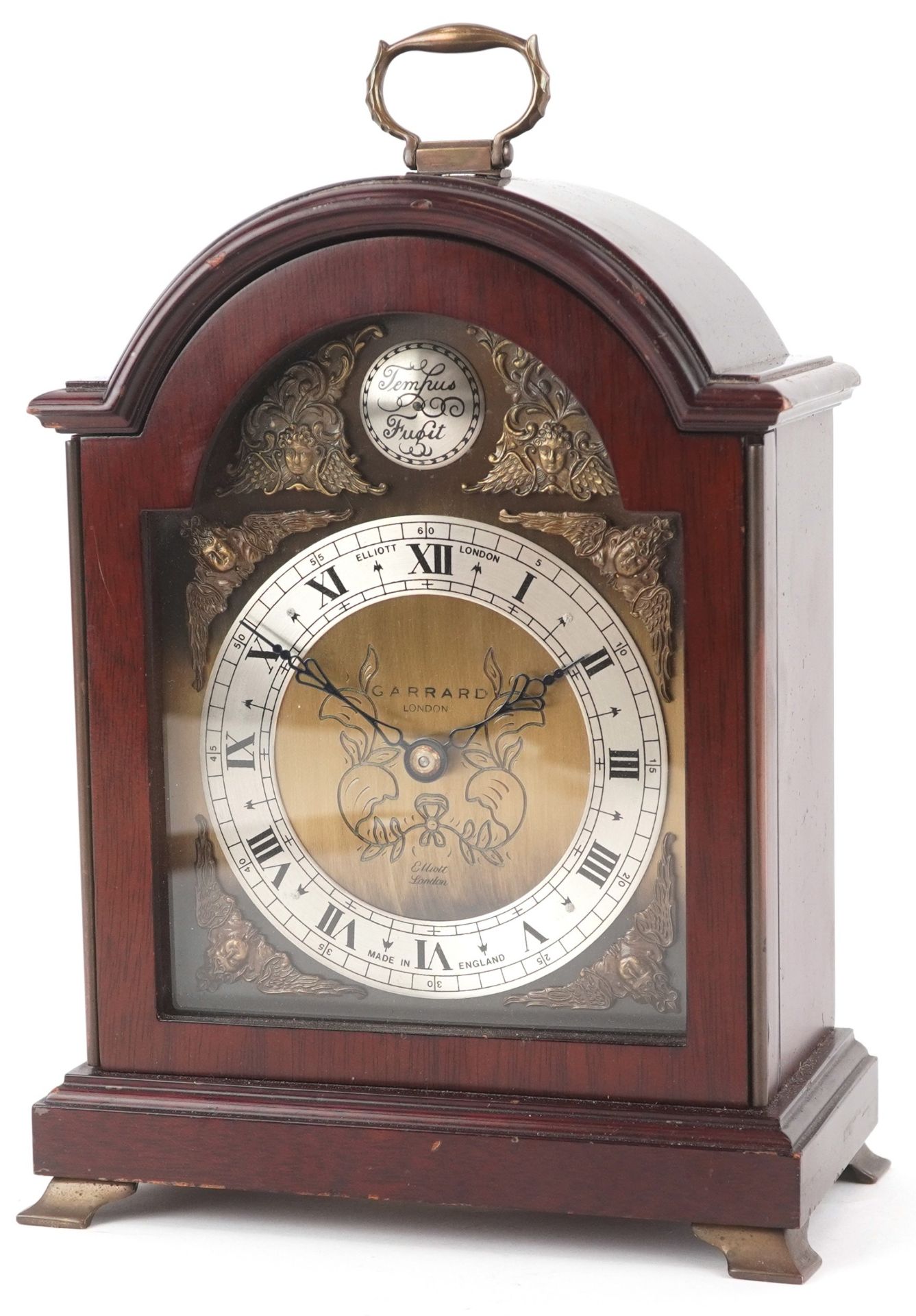 Garrard for Elliott, a mahogany cased tempus fugit mantle clock, 23cm high.