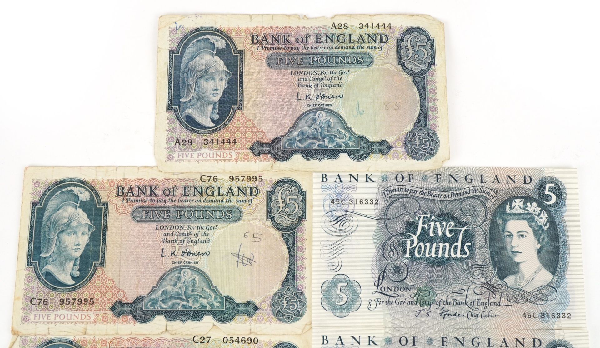 Three 1950s Bank of England helmeted Britannia series five pound notes ...