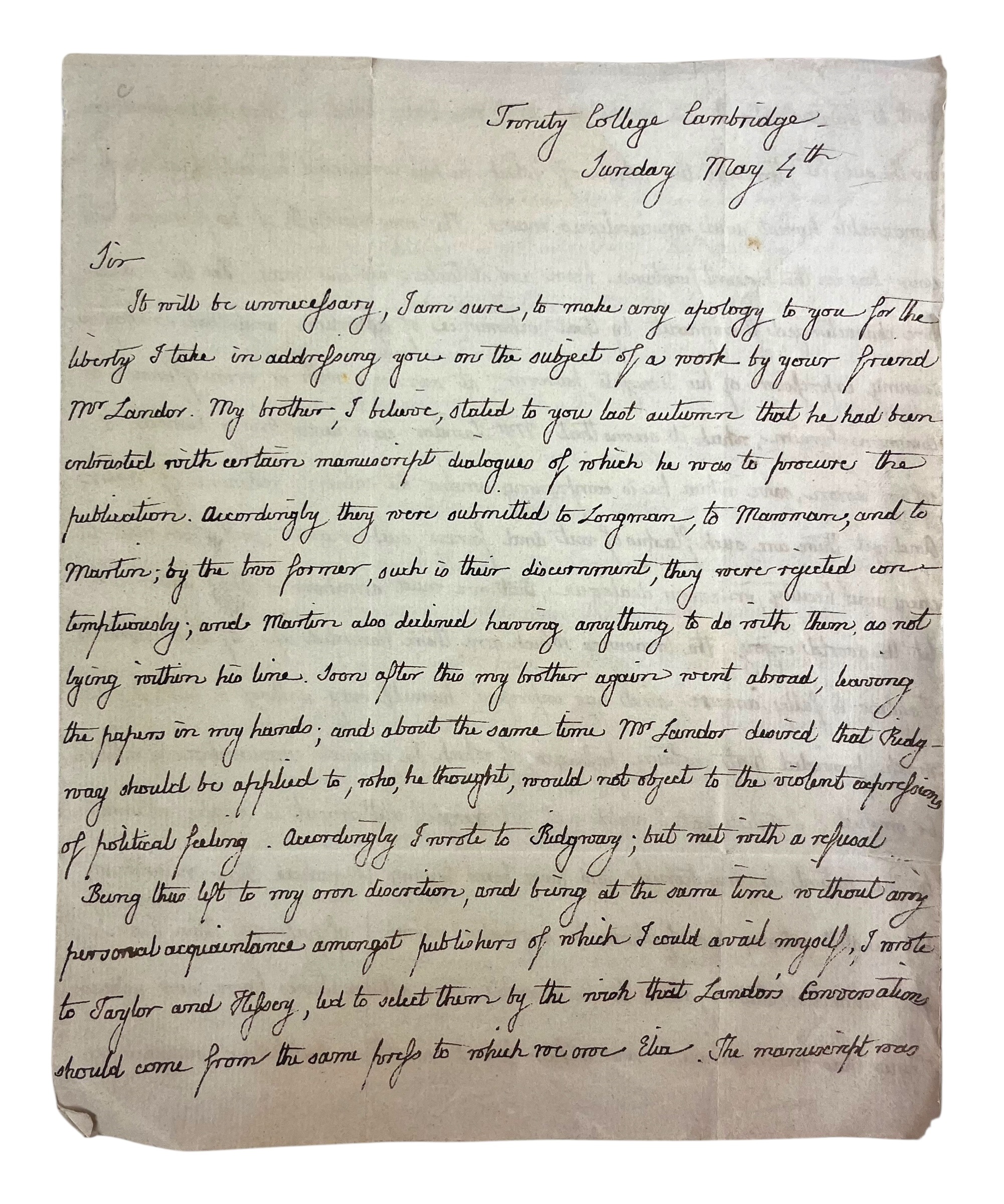 Hare, Julius Charles. A handwritten letter from English author Julius ...