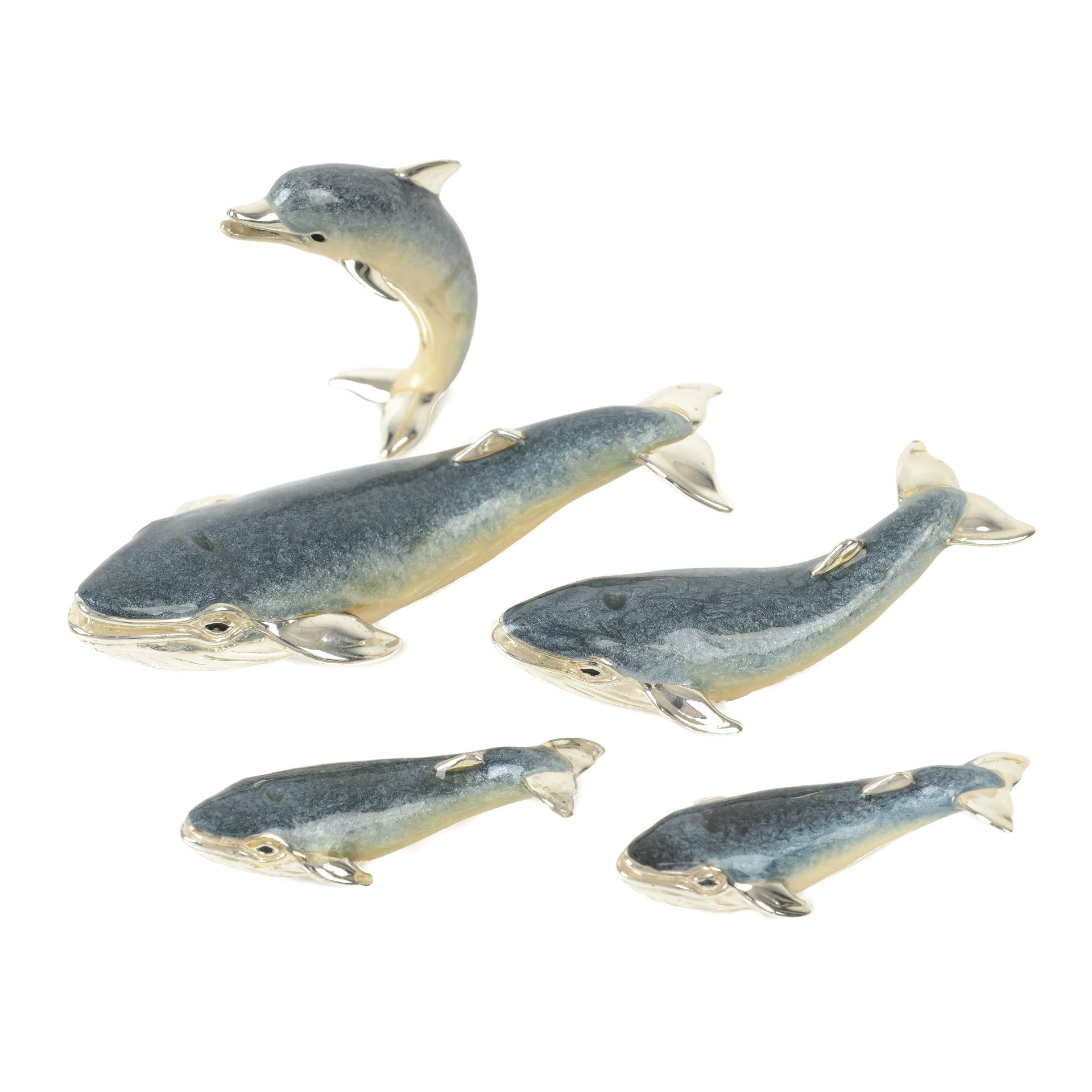 Four silver & enamel whales & a dolphin (5)Four silver and enamel ...